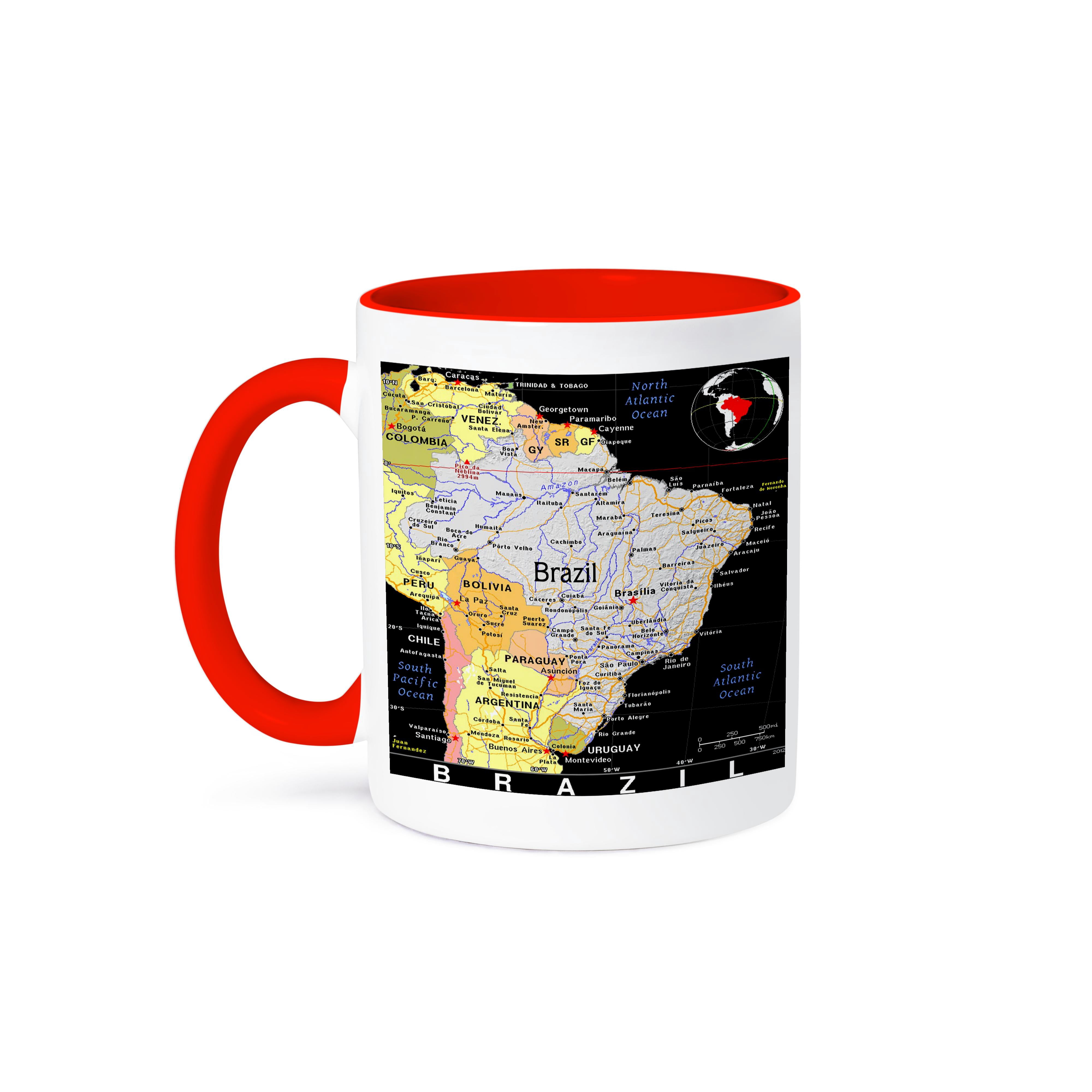3dRose, Modern Map Of Brazil In Vivid Color, 15oz Two-Tone Red Mug ...
