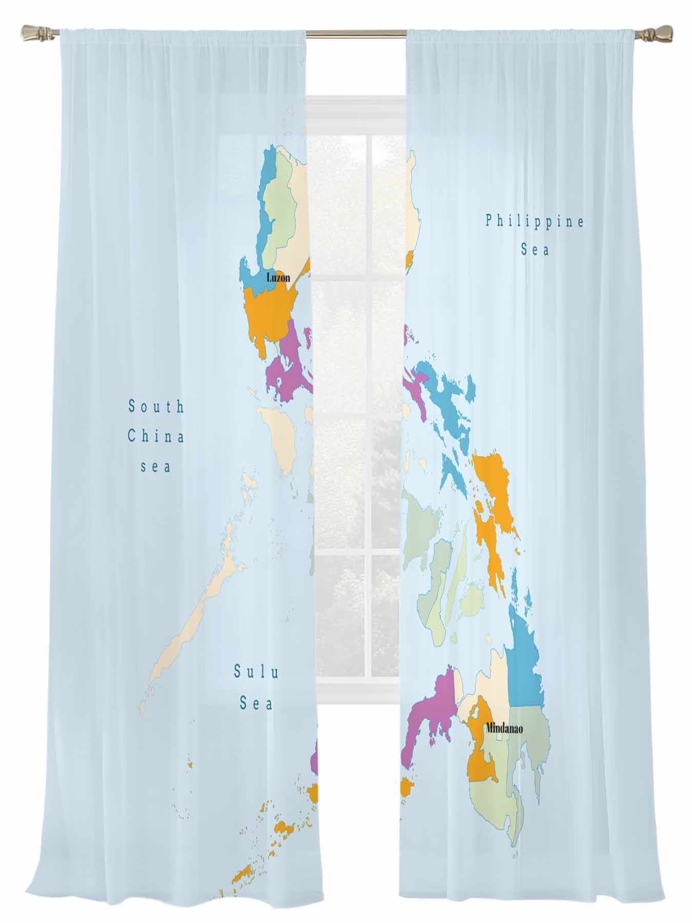 Modern Map Sheer Curtains 84 Inch Long 2 Panels, Blue Sea Simplize ...