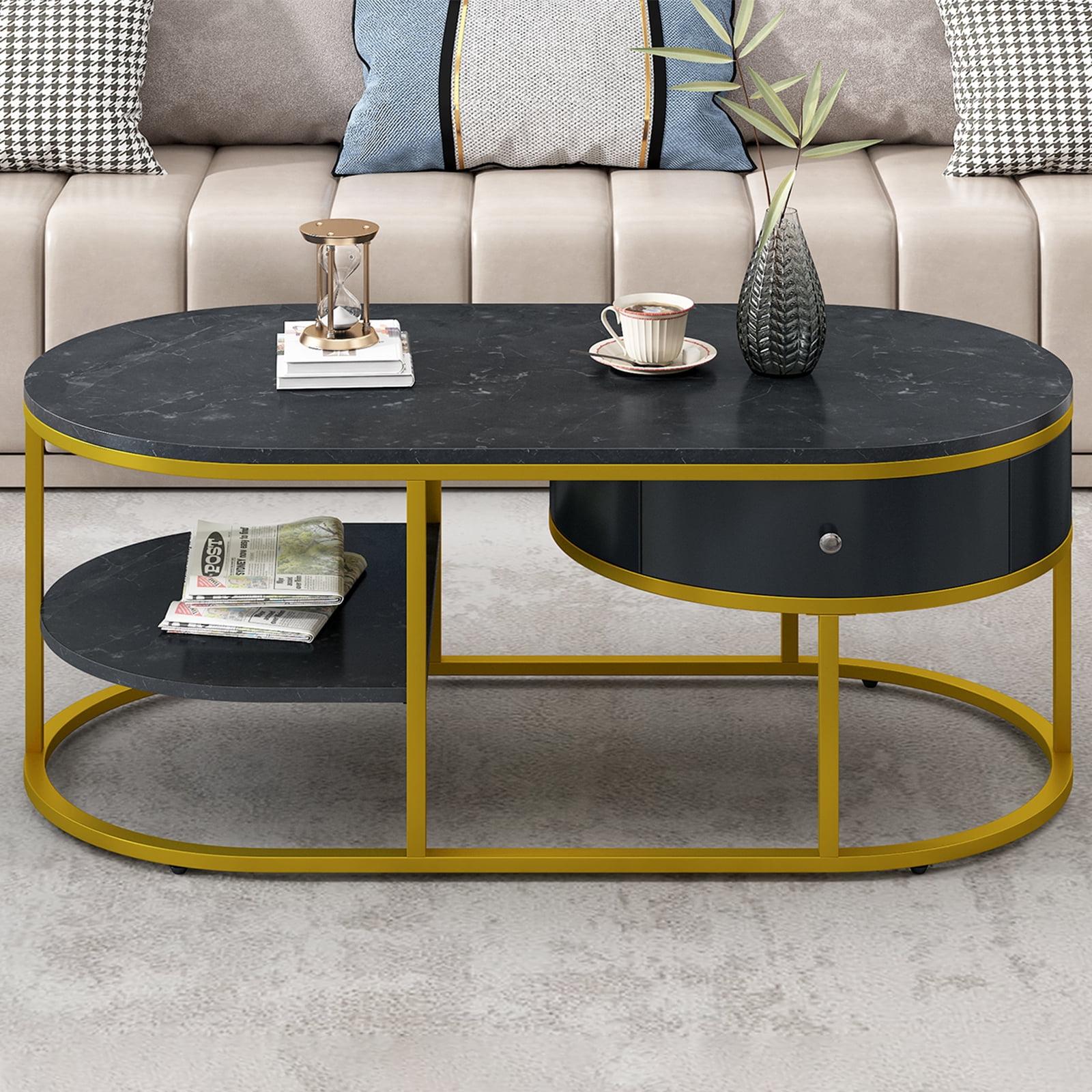 Modern Marble Coffee Table,Metal Ellipse Cocktail Table Frame with ...