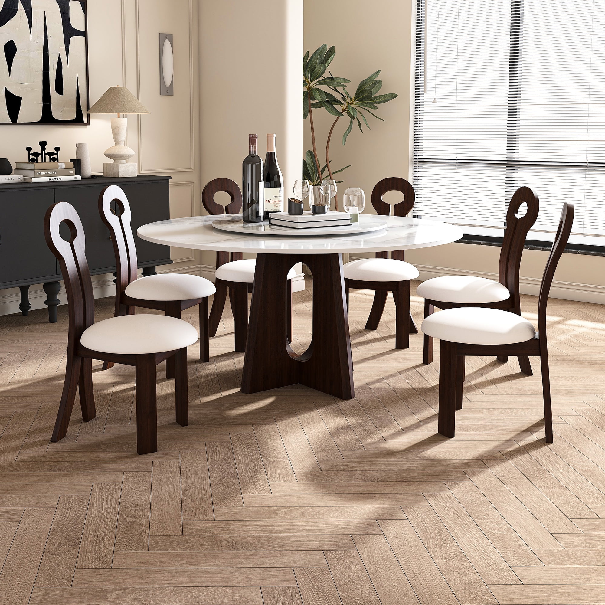 Modern Marble Dining Table, 59" Sintered Stone Round Dining Table with ...