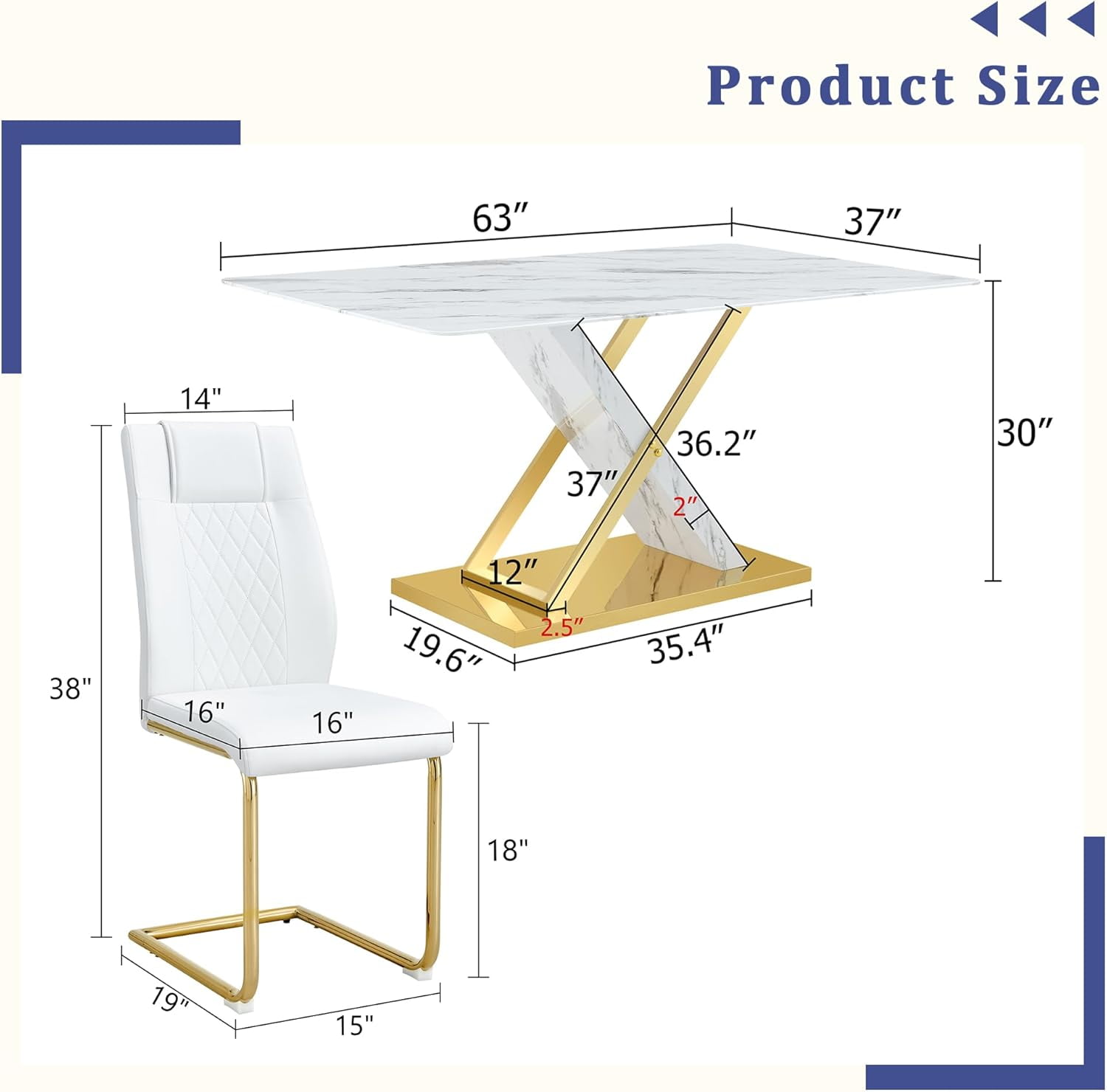 Modern Marble Dining Table Set for 4, White Gold 63" Dining Room Table ...