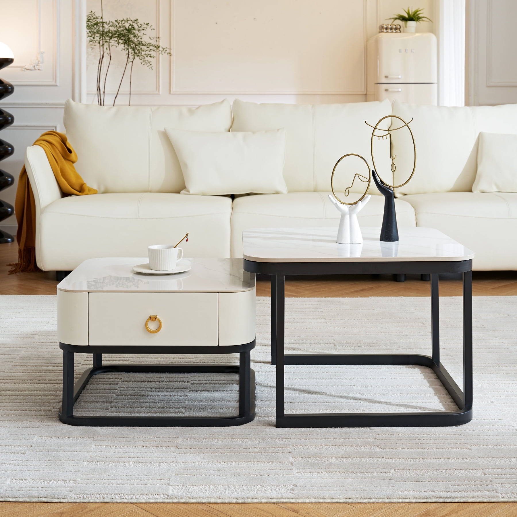 Modern Marble Nesting Table Set, 2-Piece Coffee & End Table Combo for ...