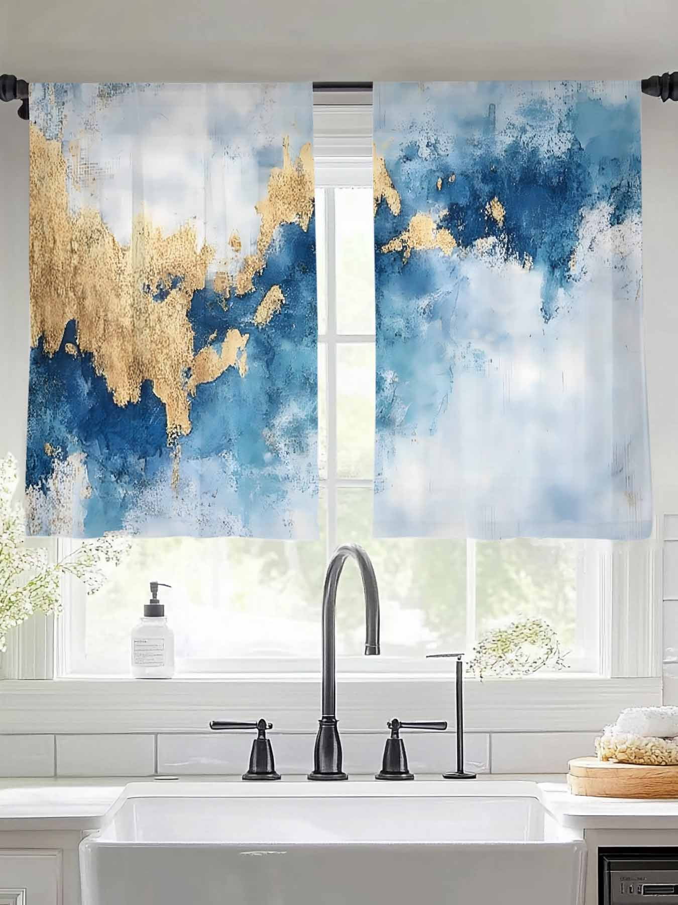 Modern Marble Texture T Sheer Curtains 45 Inches Long 2 Panels Blue ...