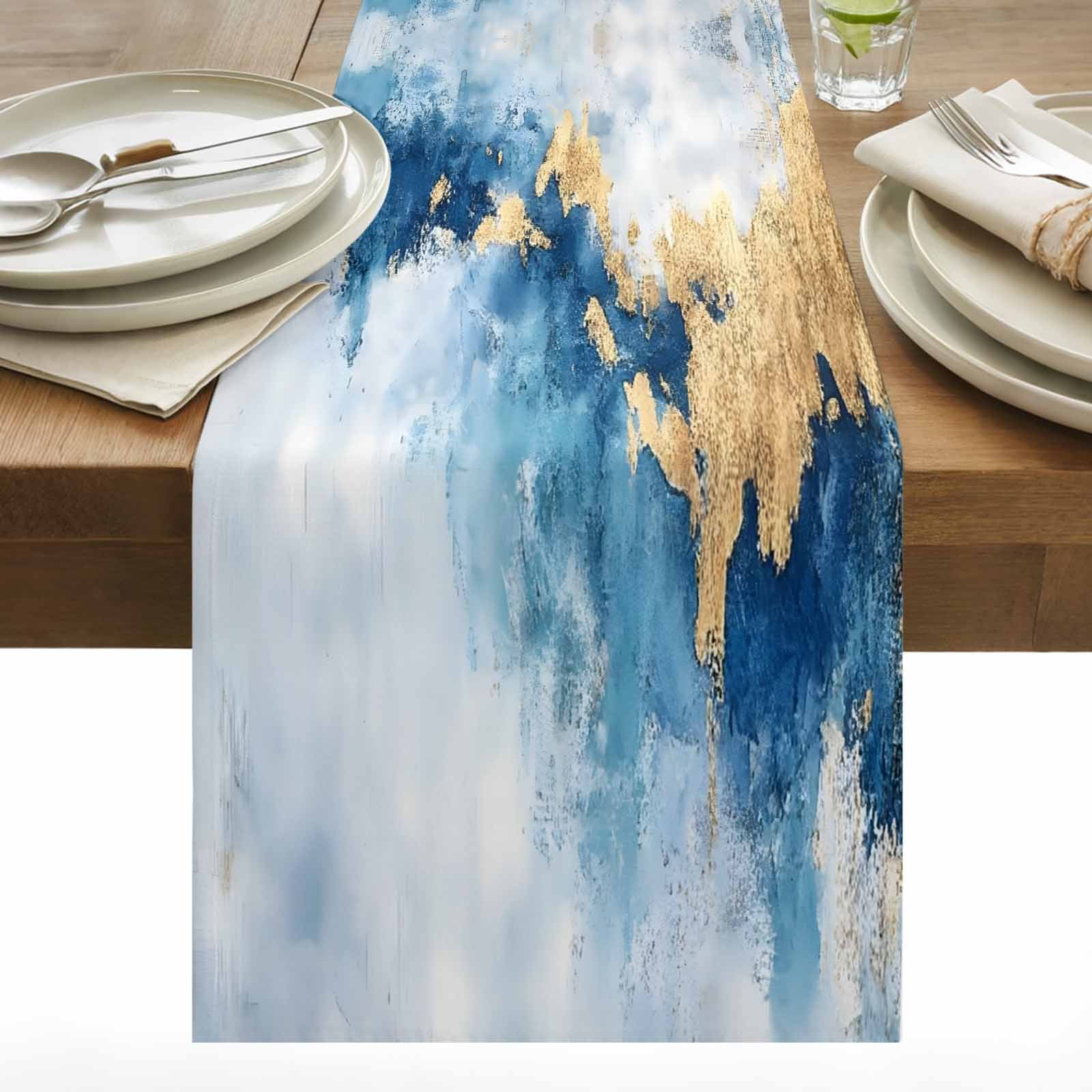 Modern Marble Texture T Table Runner 13x120 inch Blue Gold Abstract ...
