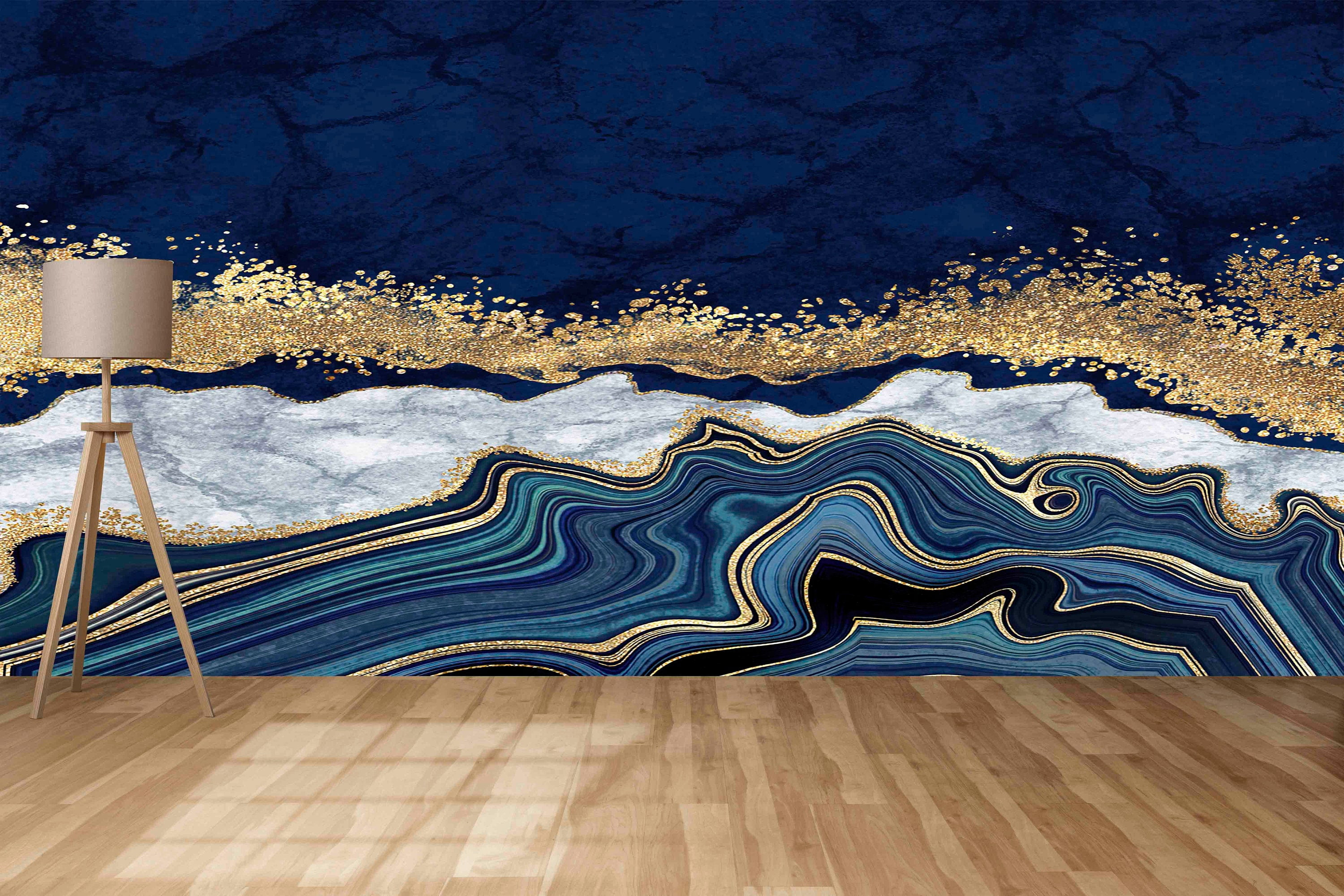 Modern Marble Wall Print, Paper Wall Art Blue Gold Marble Canvas ...