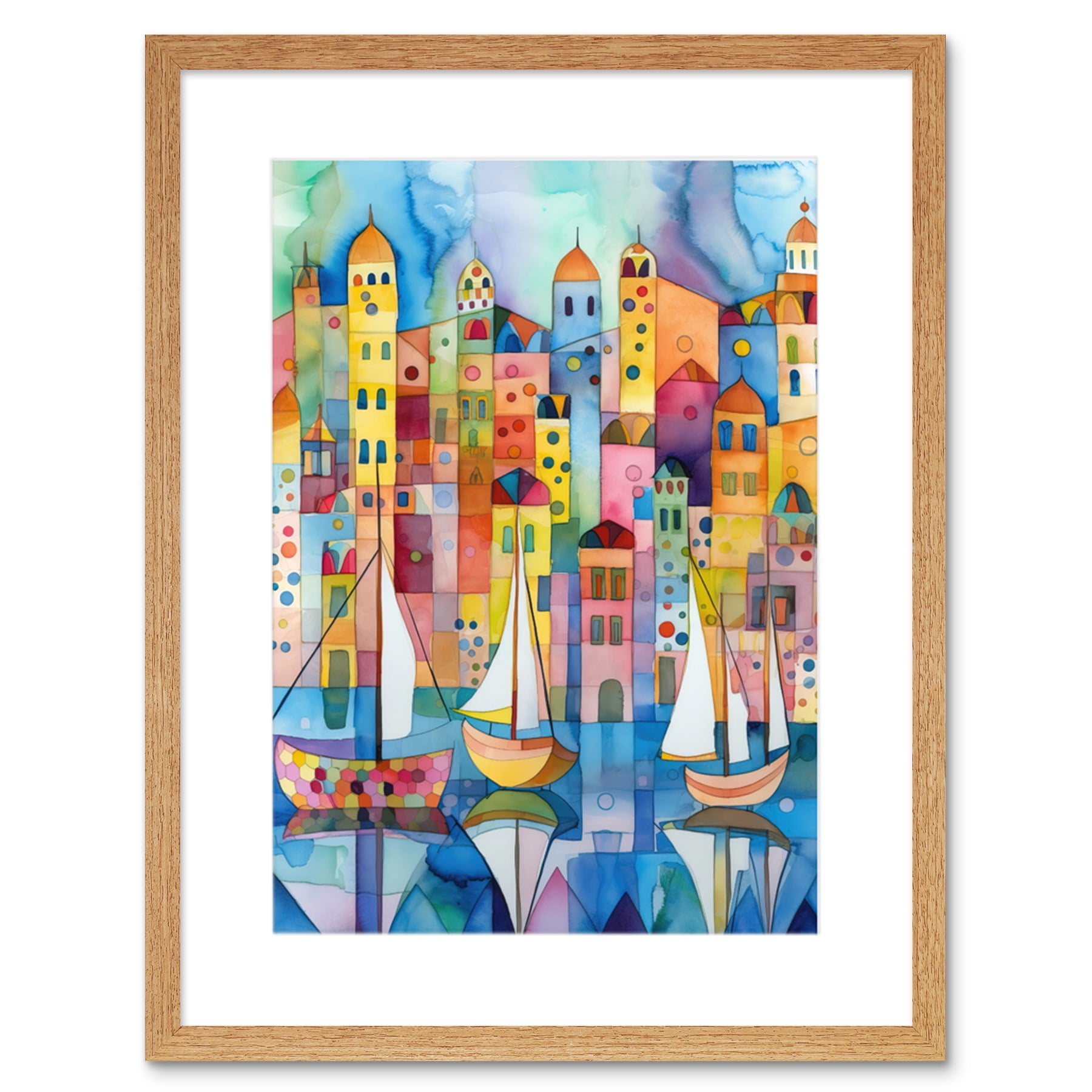 Modern Marina Colourful Cityscape Pattern Folk Art Watercolour Painting ...