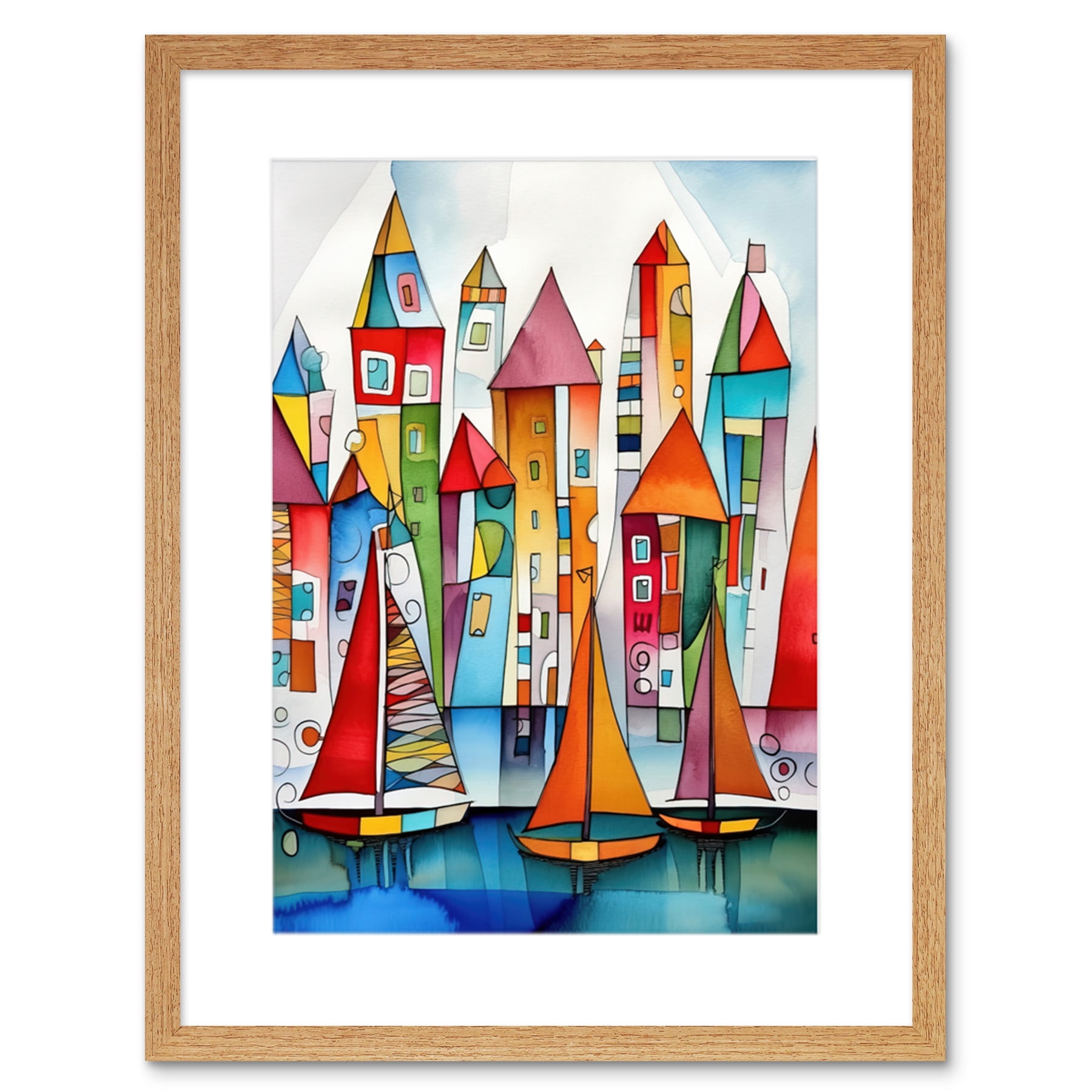Modern Marina Colourful Port Folk Art Watercolour Painting Artwork ...