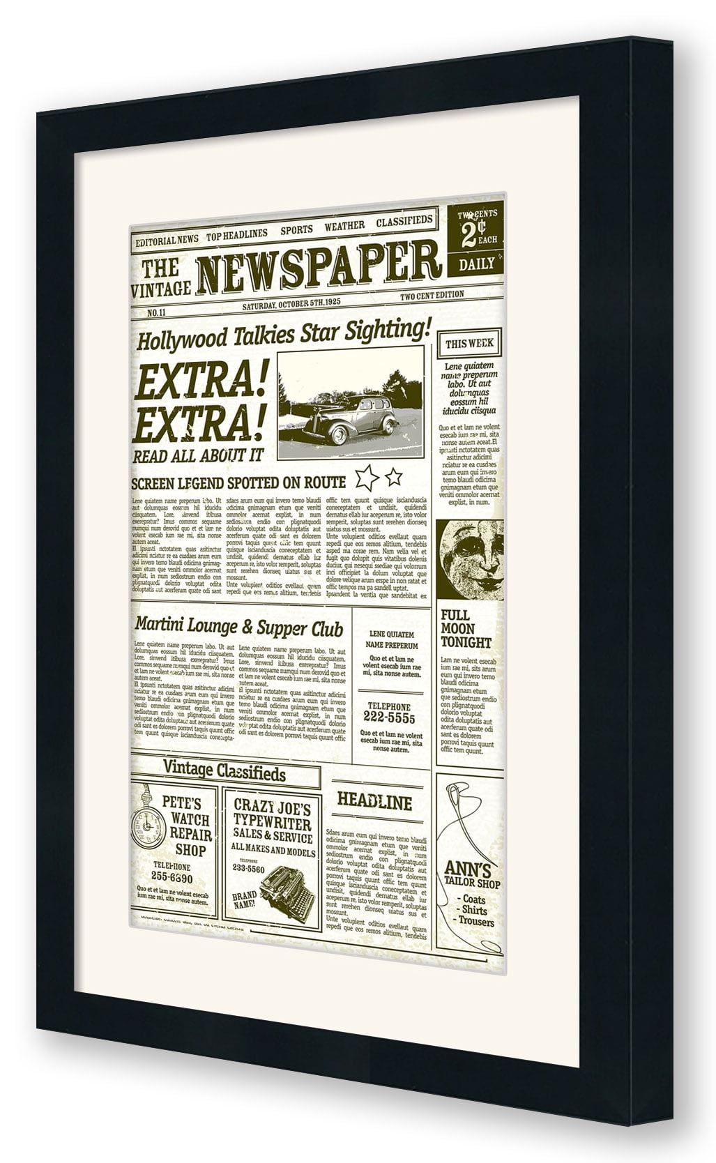 11x22 Matted Newspaper Frame - Black Wood - Acid Free Matting and UV Acrylic Protection For ...