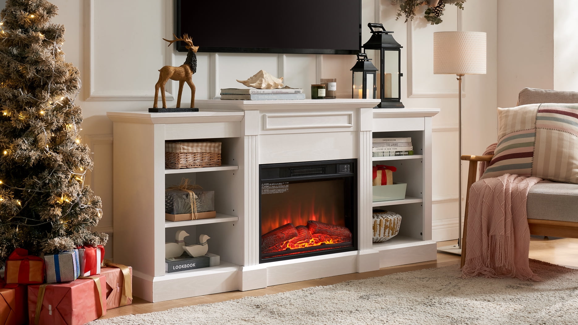 Modern Media Console Table with Fireplace Insert, Large Storage Cabinet ...