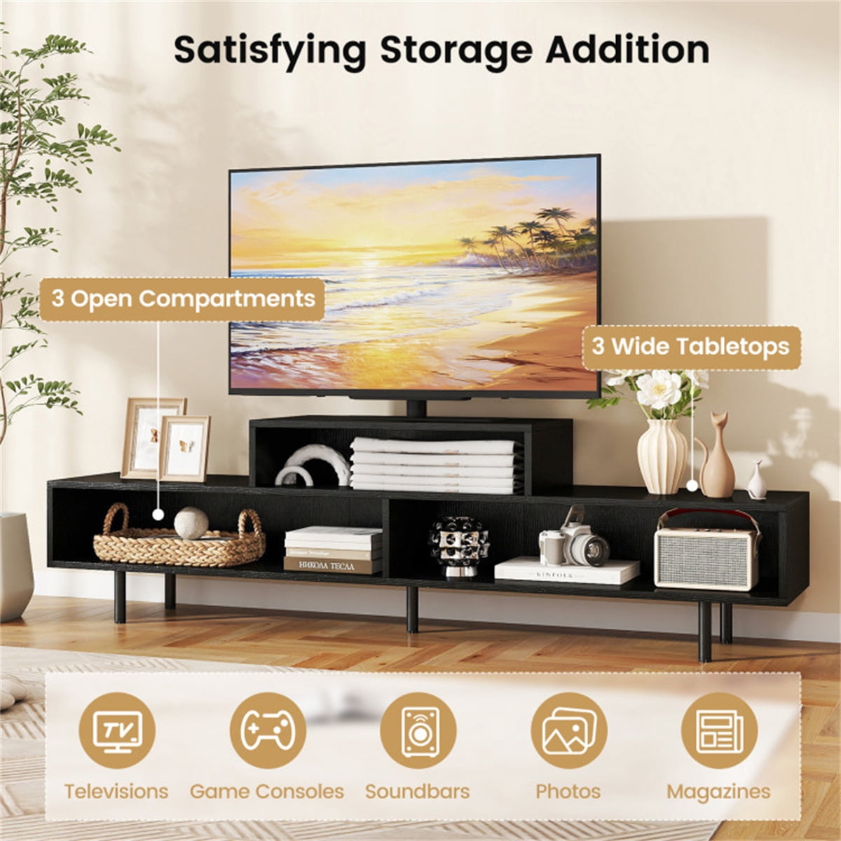 Modern Media Console with Three Open Shelves for 55 to 70In TVs Rustic ...