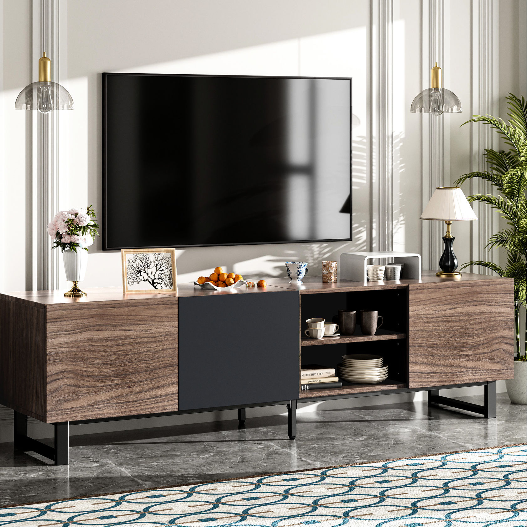 Modern Media Console for 80'' TVs with 4 Shelves | Concealed Storage ...