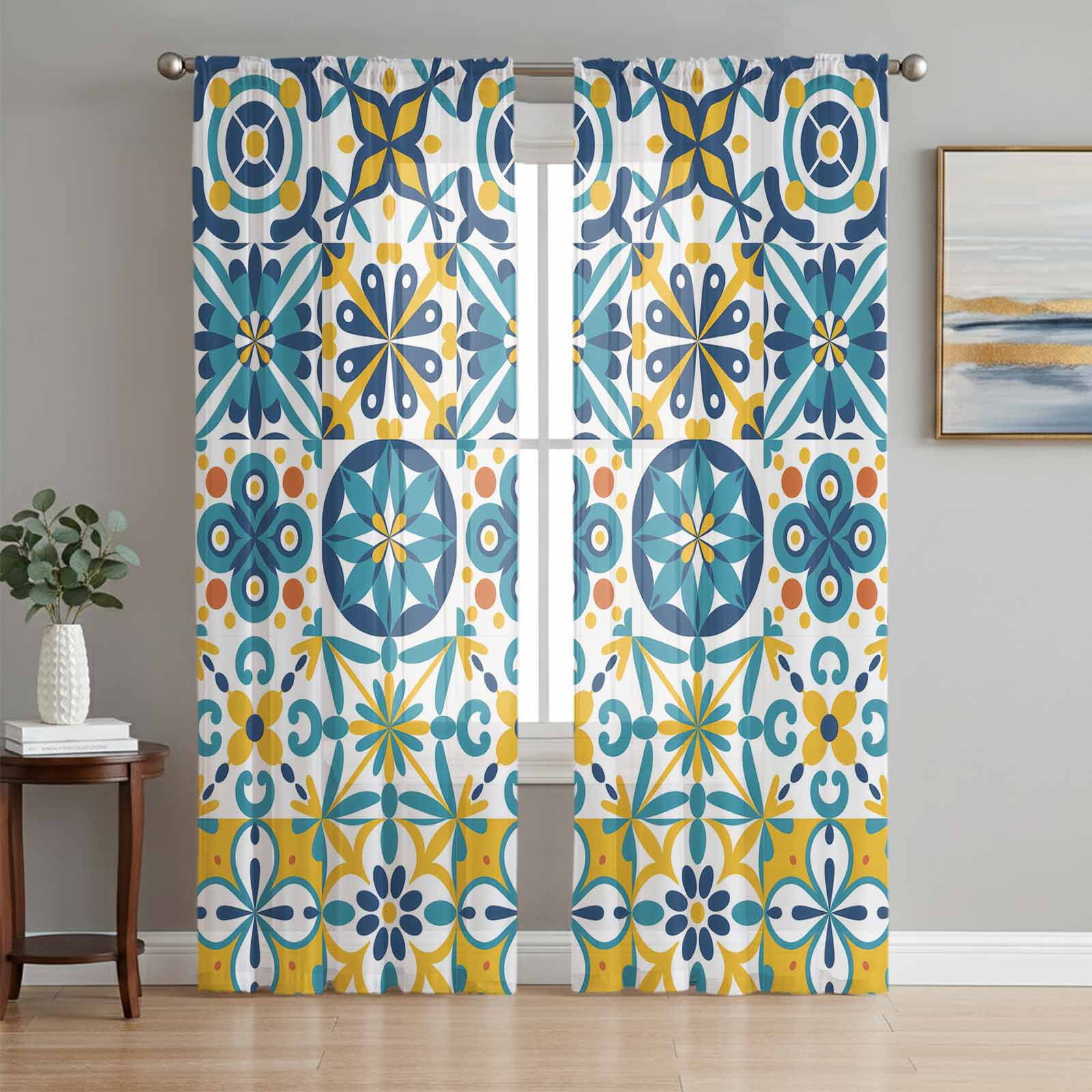 Modern Mediterranean Sheer Curtains 84 Inch Length 2 Panels Set, Retro ...