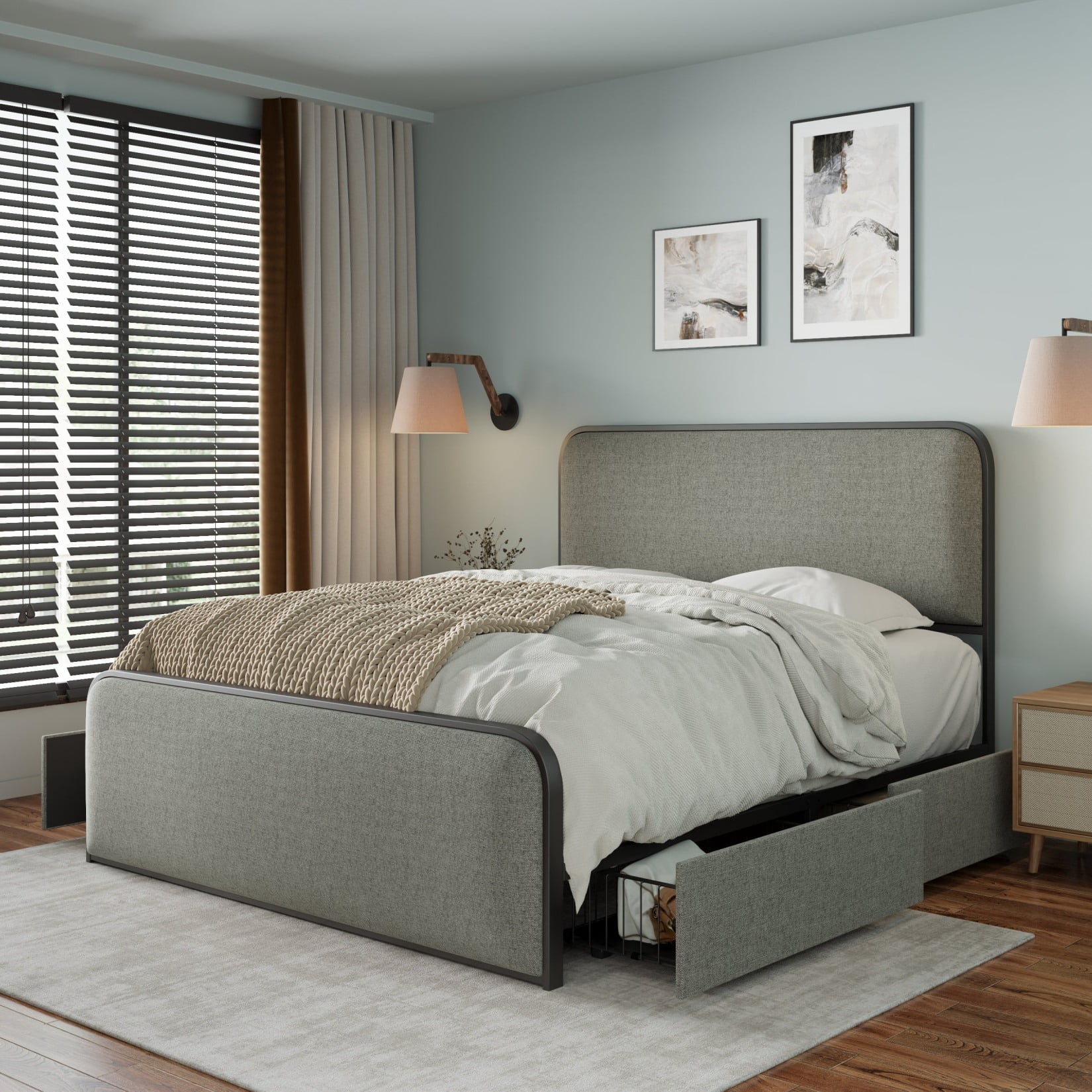 Modern Metal Bed Frame with 4 Storage Drawers, Queen Size Platform Bed ...