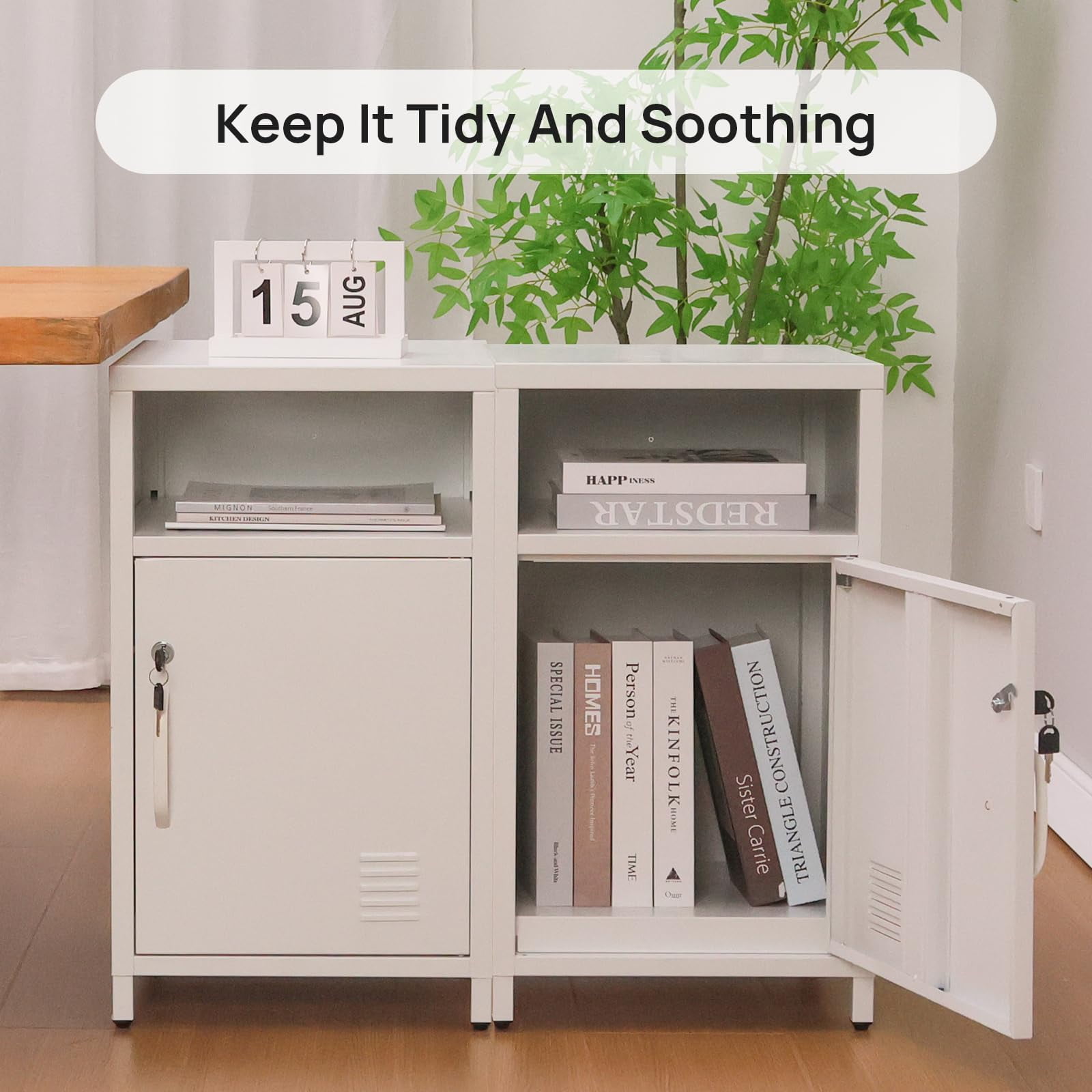 Lockable Metal Nightstand with Open Shelf, Slim Bedside Table for Small ...