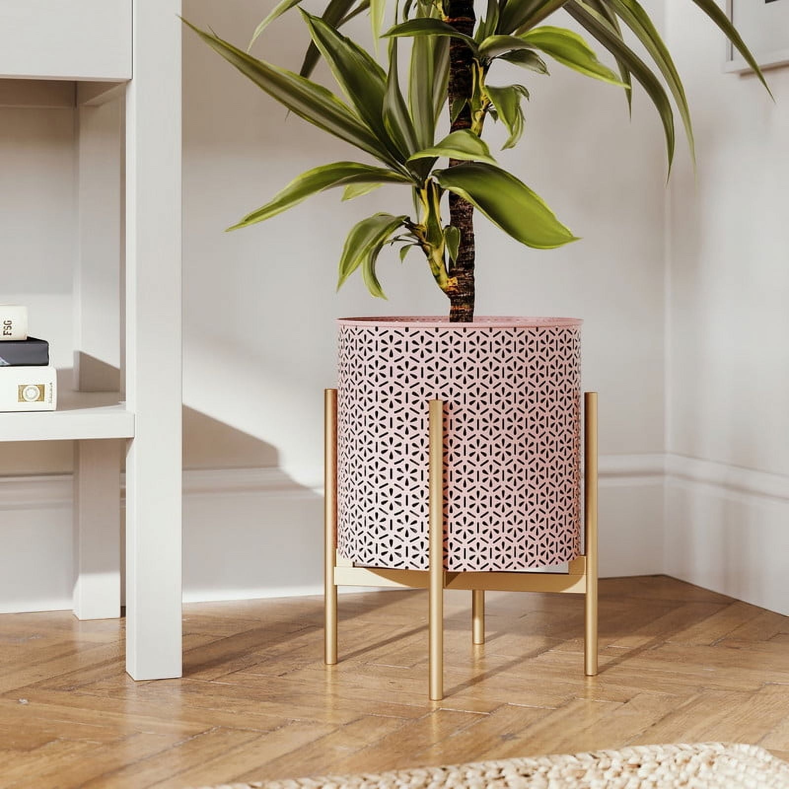 Modern Metal Planter Pot With 4-Leg Gold Metal Base - Pink - 14.75"H x ...
