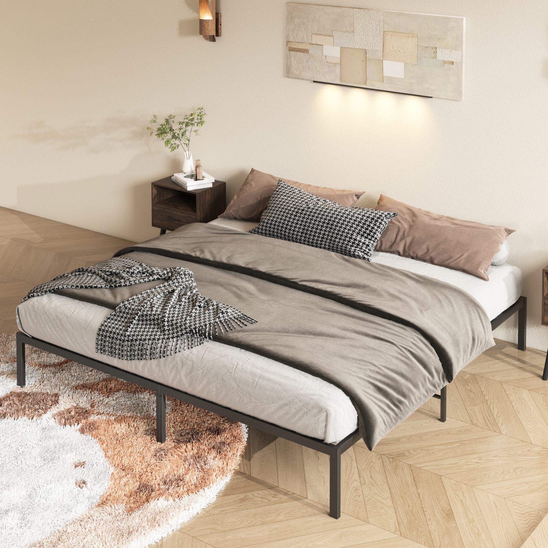 Modern Metal Platform King Size Bed Frame, , No Box Spring, Black For A ...
