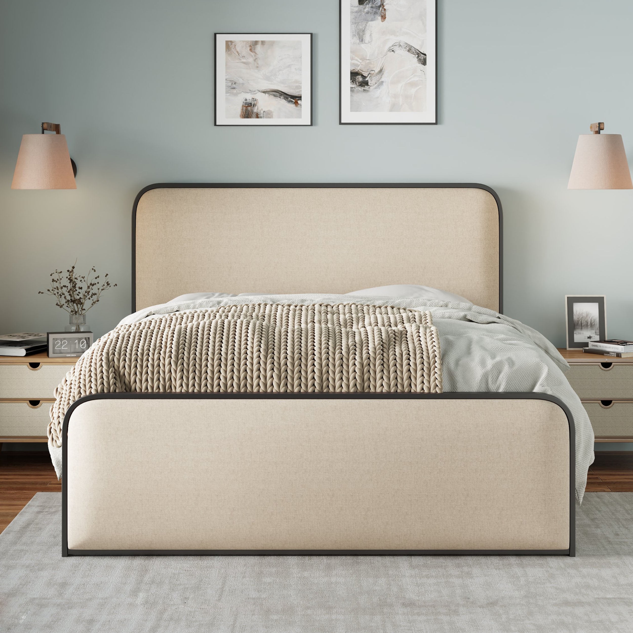 Modern Metal Queen Size Bed Frame with Curved Upholstered Headboard and ...
