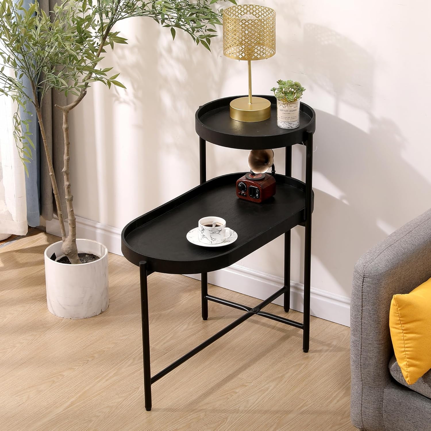 Modern Metal Side Table with Round Tray Top, 2-Tier Sofa Side End Table ...