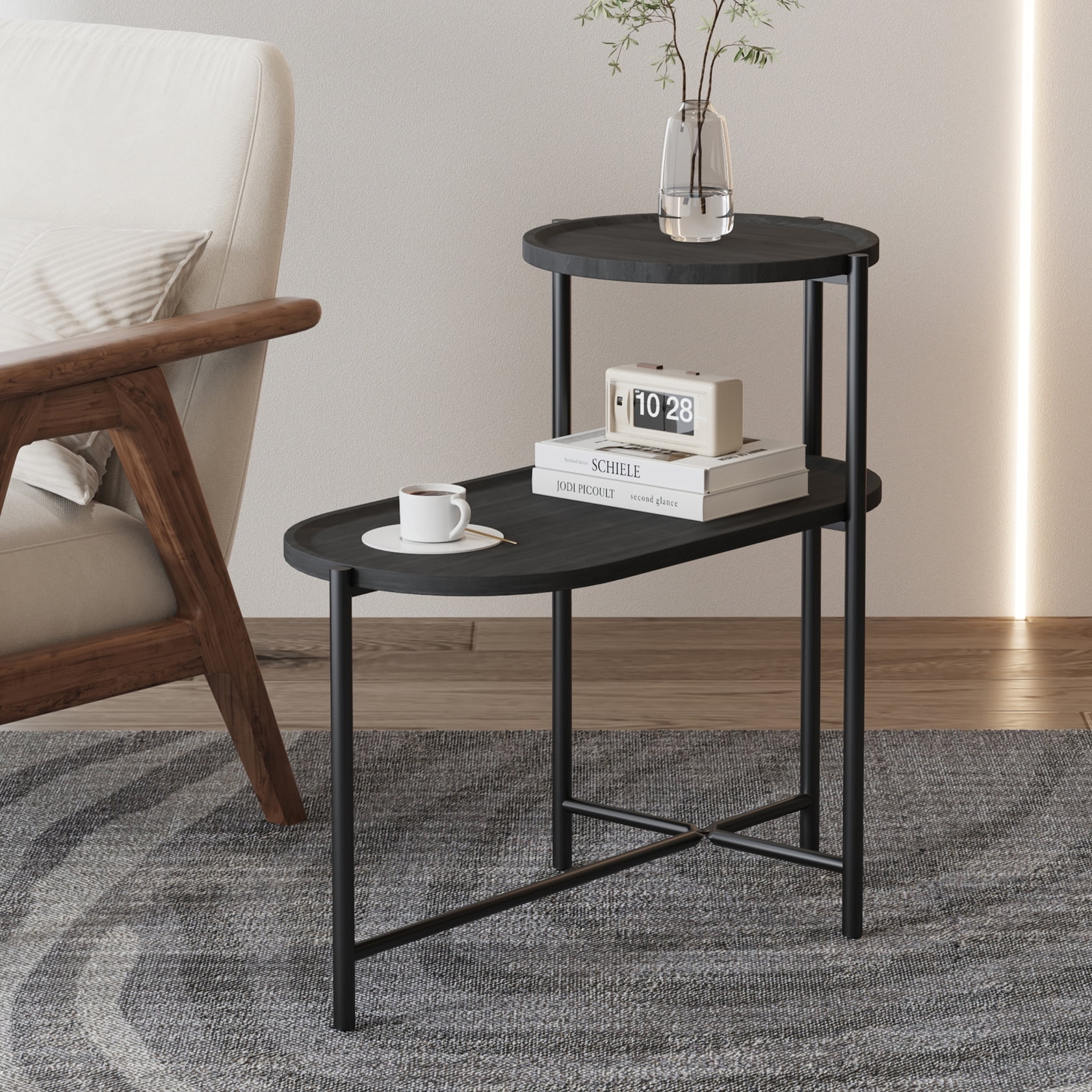 Modern Metal Side Table with Round Tray Top,2-Tier Sofa Side End Table ...