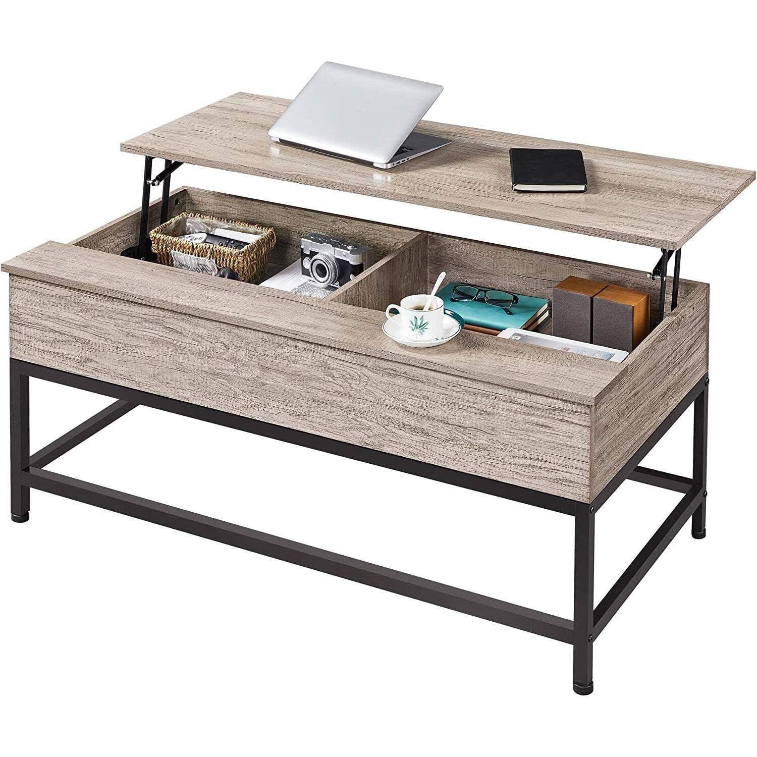 Modern Metal Wood Lift-Top Coffee Table Sofa Laptop Desk in Grey Wood ...