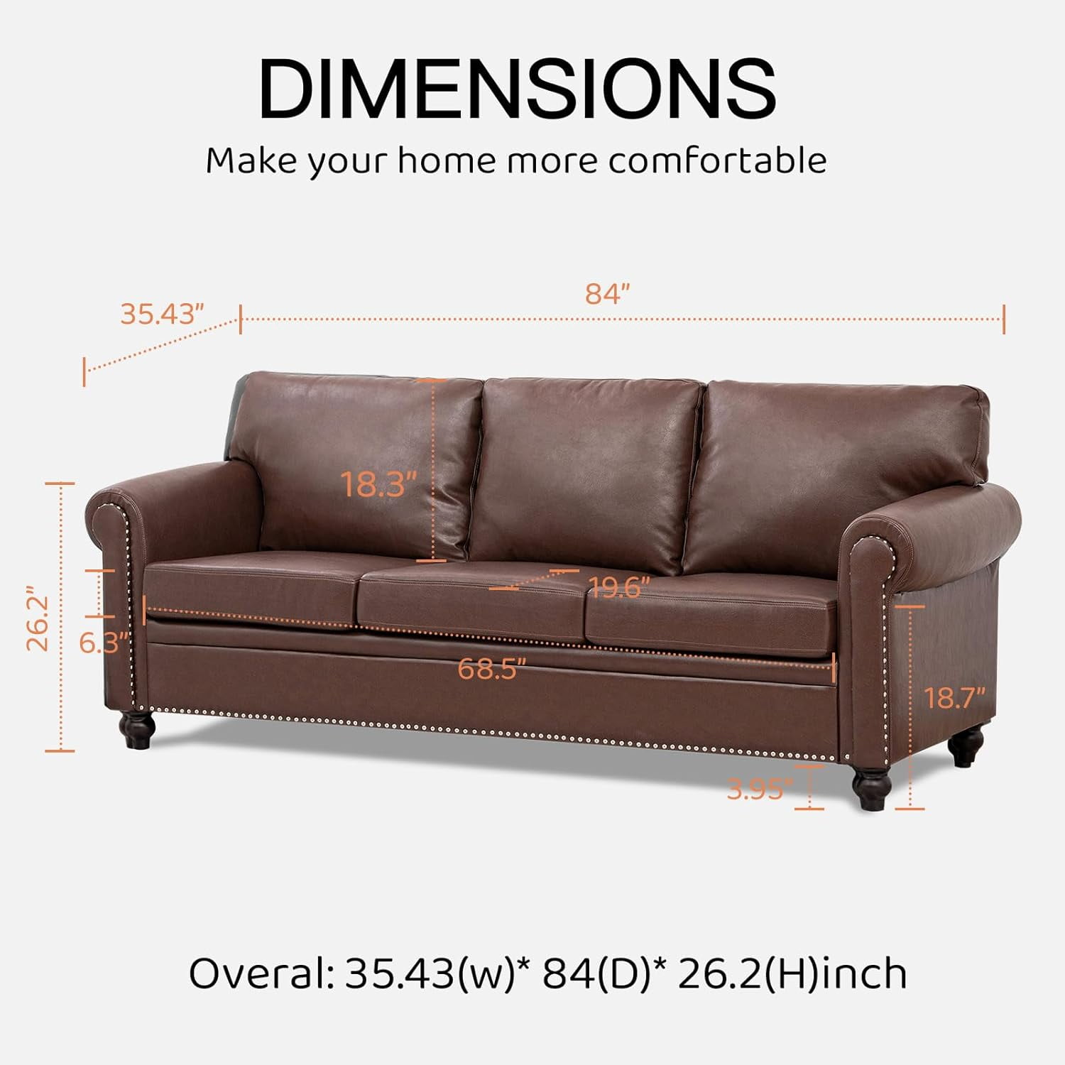 Modern Mid 84" Brown Faux Leather 3-Seater Sofa with Rivet Rolled Arm ...