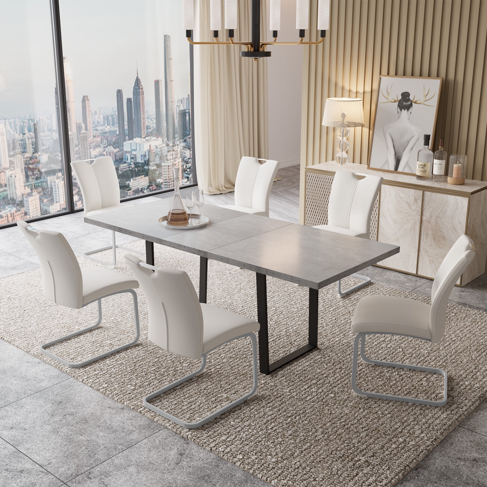 Modern Mid Century Dining Table Set for 6 8 People Kitchen Dining Room Table Set Extendable Wood Dining Table and 6 Upholstered Chairs Home Kitchen