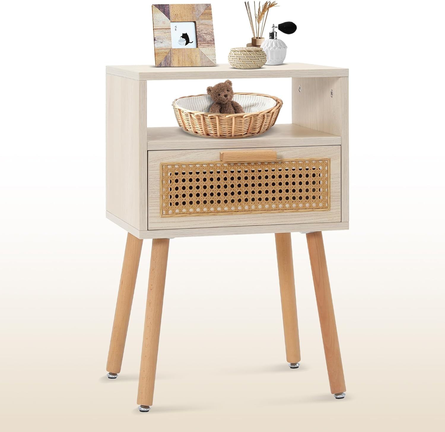 Modern Mid Century Rattan Cane Nightstand, End Table with Drawer Solid ...