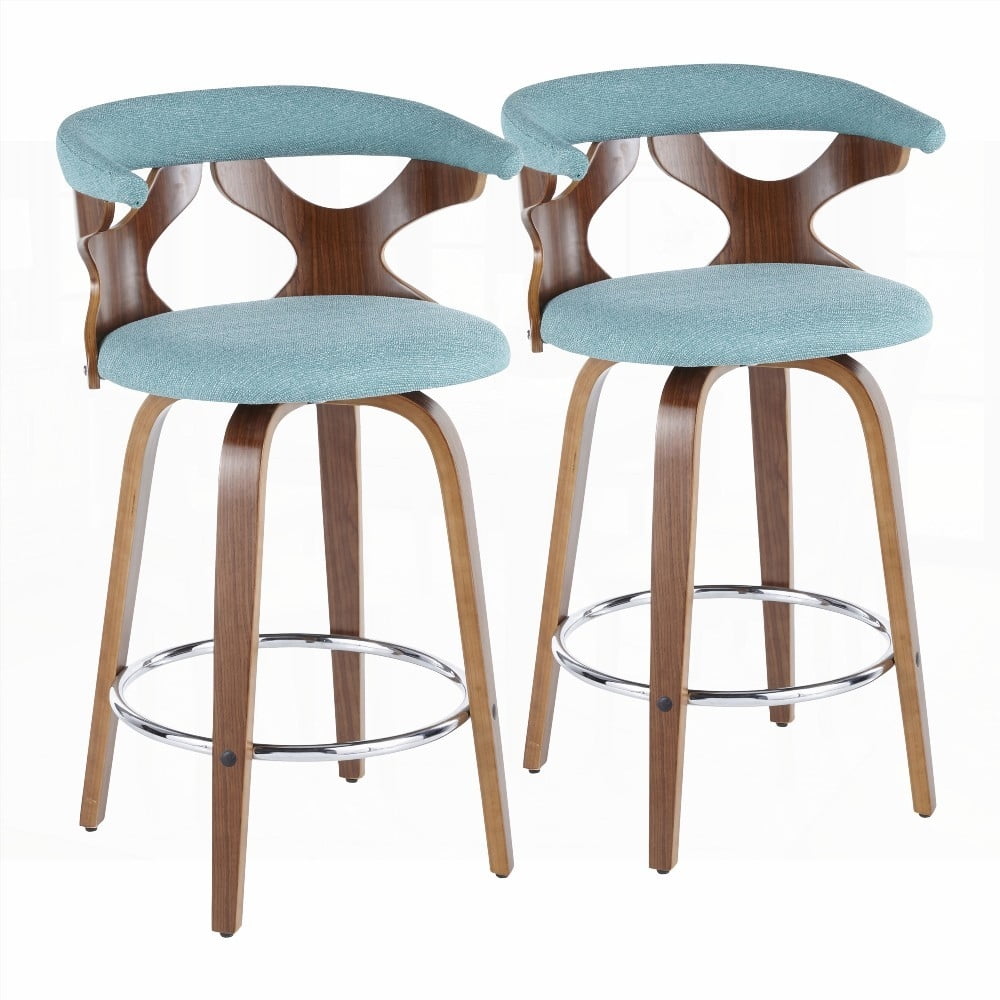 Modern Mid-Century Walnut & Teal Fabric Counter Stools - 2-Pack ...
