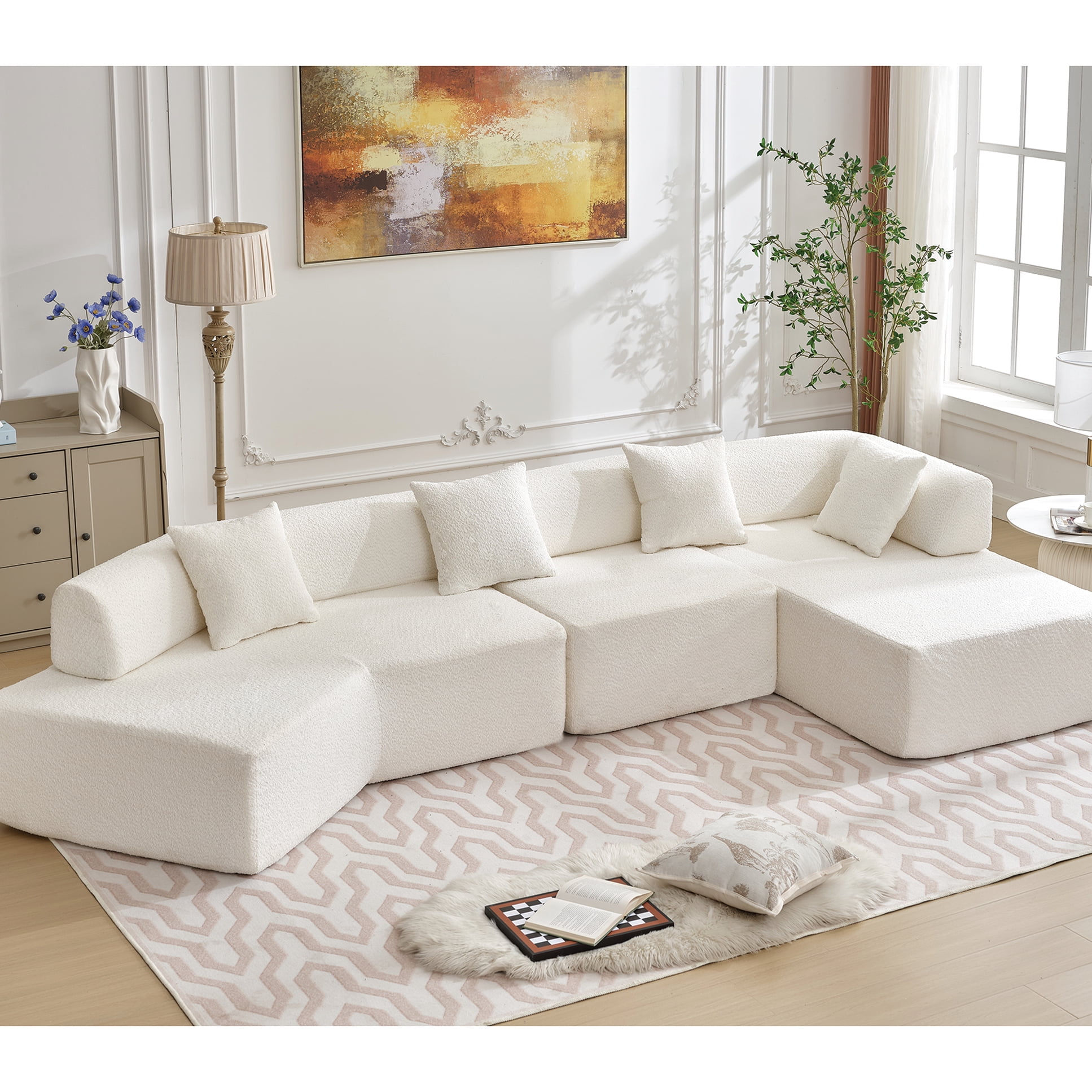 Modern Minimalist 140" L-shape Living Room With Chaise, 4 Seats, White ...