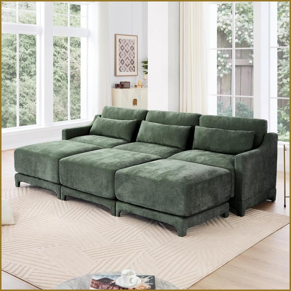 Modern Minimalist 3-Seater Chenille Sofa with 3 Movable Ottomans ...
