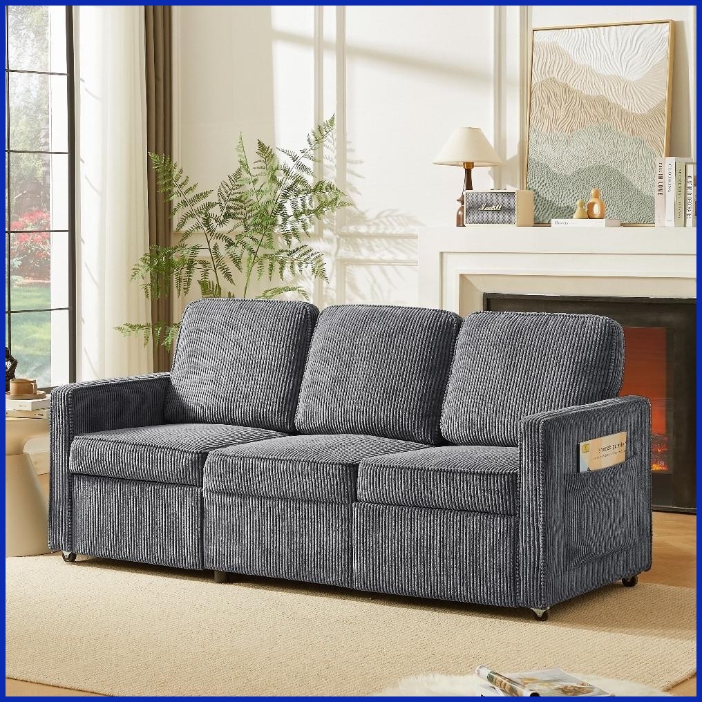 Modern Minimalist 3-Seater Retractable Sofa with Gray Corduroy - Easy ...
