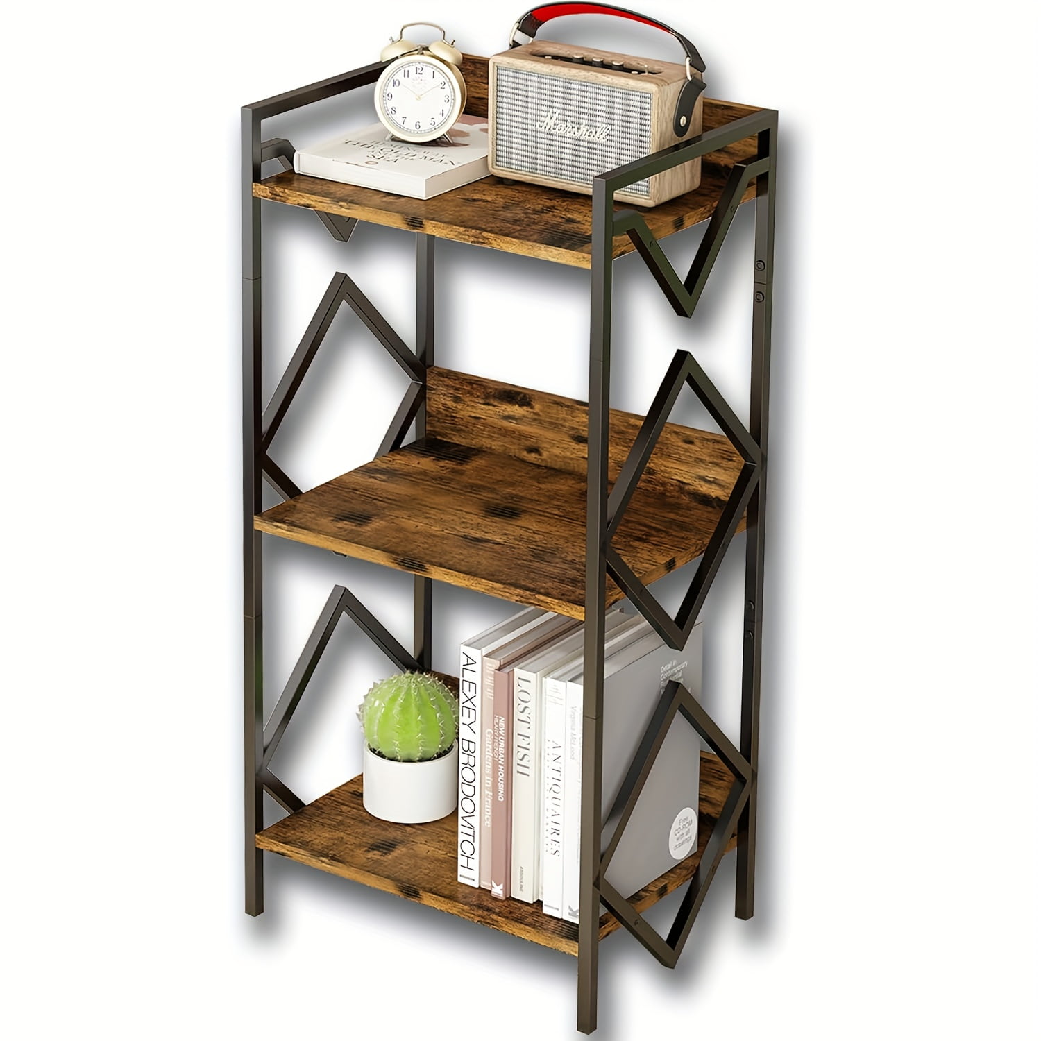 Modern Minimalist 3-Tier Black Metal Bookshelf with Wood Accents ...