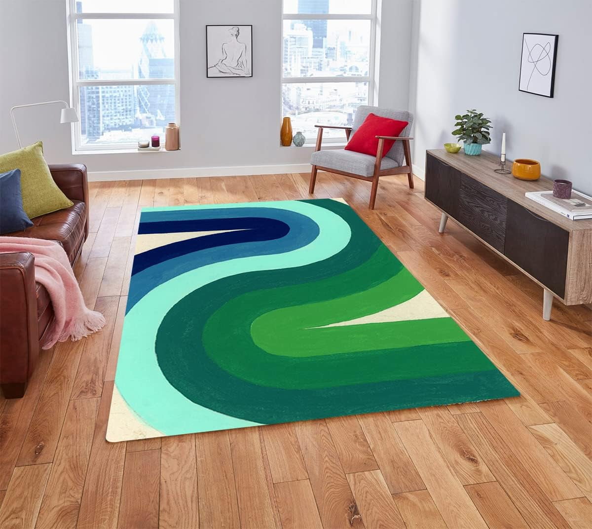 Modern Minimalist Abstract Waves Teal Green Area Rug for Living Room ...