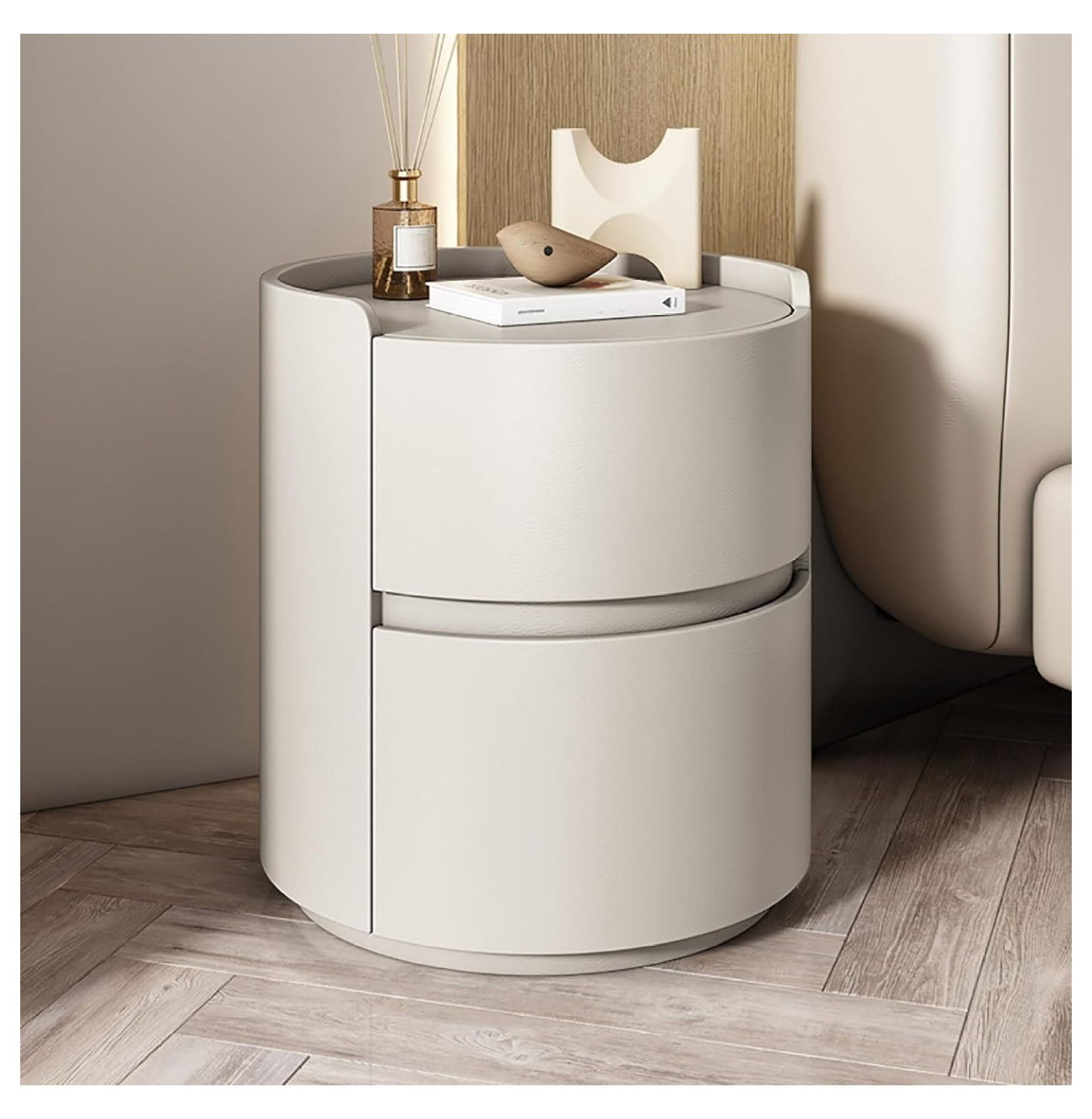 Modern Minimalist Bedroom Solid Wood White Bedside Table, Round Bedside ...