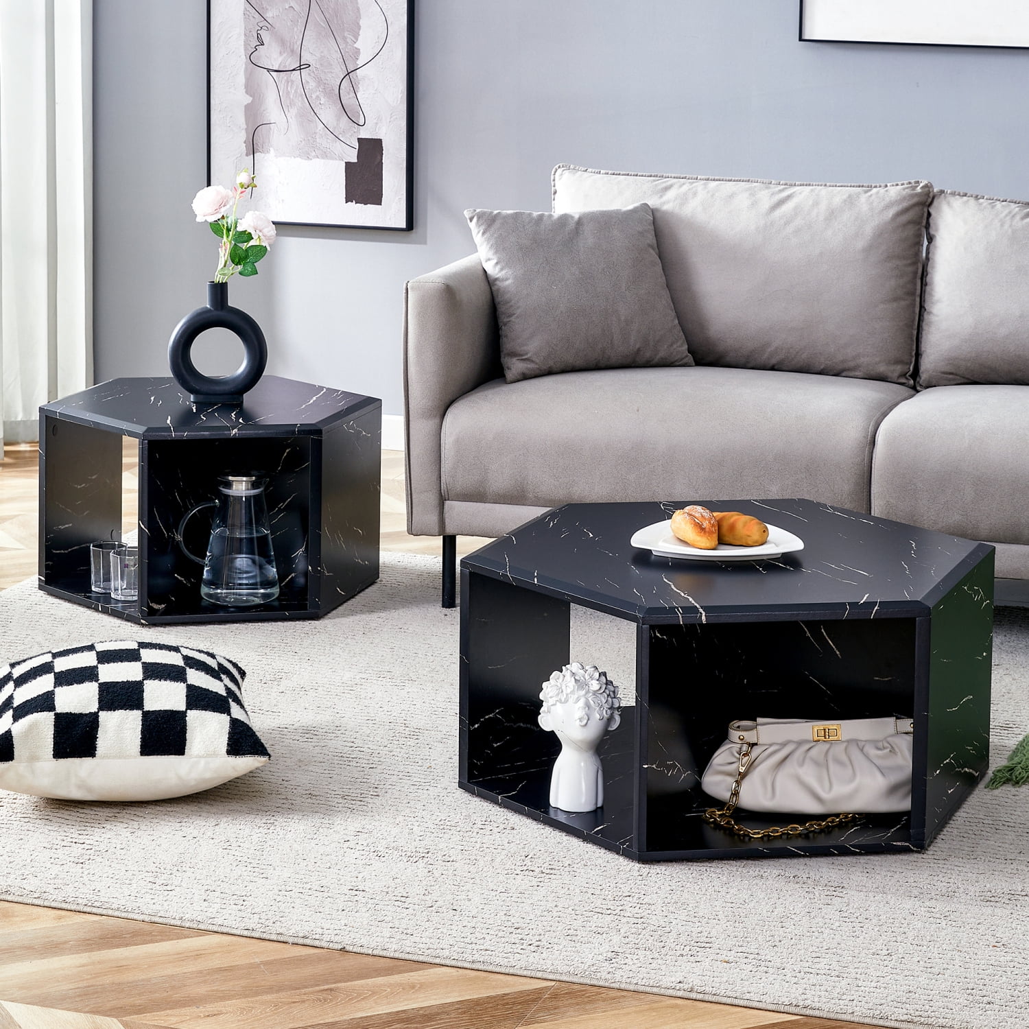 Modern Minimalist Black Hexagonal Coffee Table Set.Hexagonal Mdf Coffee ...
