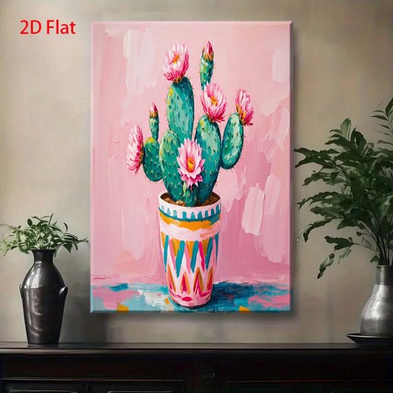 Modern Minimalist Cactus Potted Plant Wall Art - Soft Pastel Pink ...