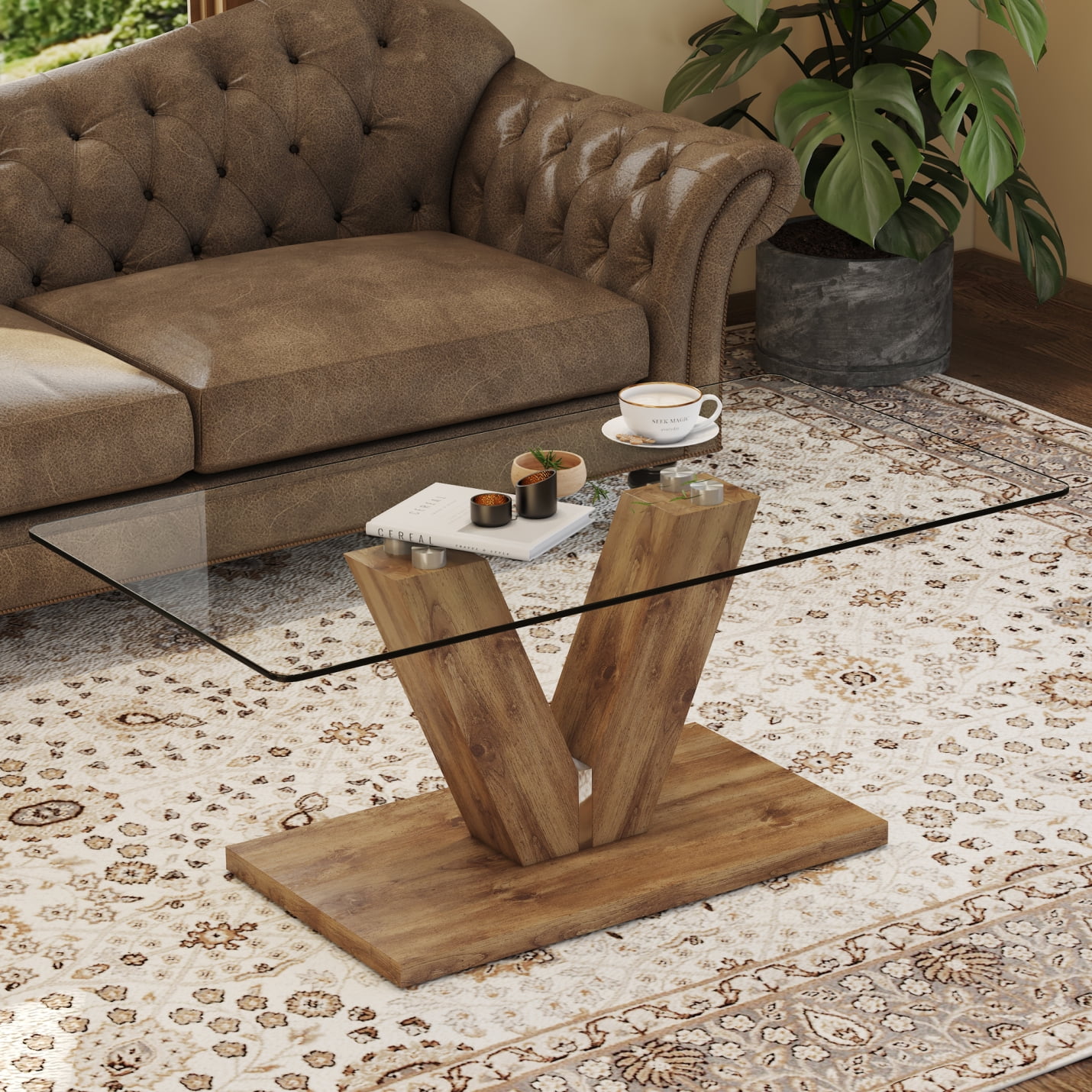Modern Minimalist Cocktail Table with V-Shaped Base, Glass Coffee Table ...