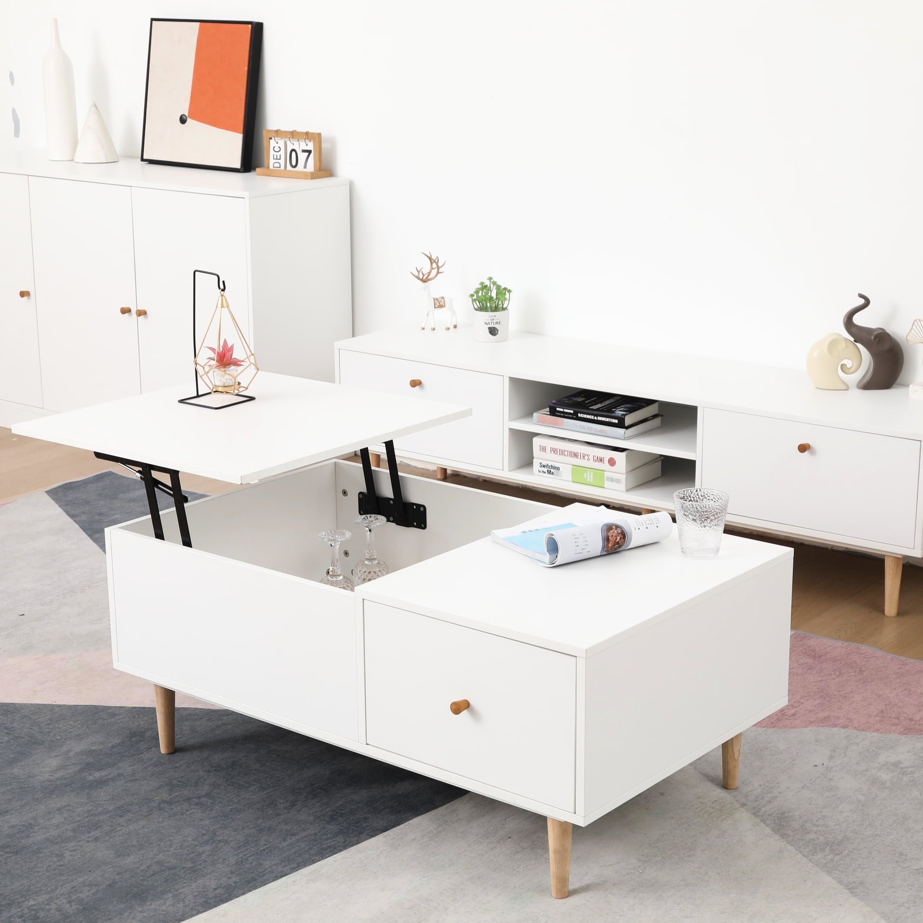 Modern Minimalist Coffee Table With Drawers, Adjustable Height, Surface ...