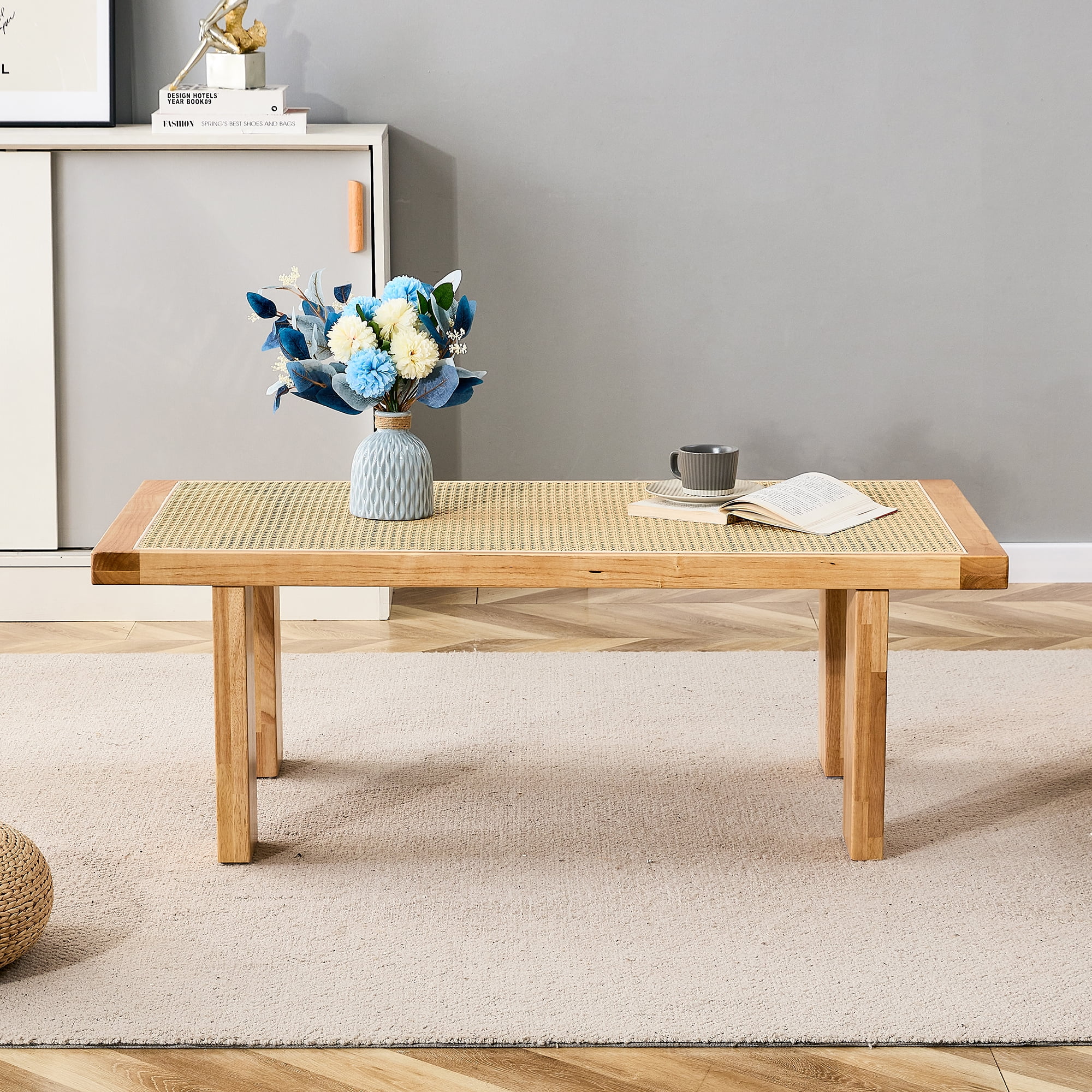 Modern Minimalist Coffee Table With Rattan Tabletop Rectangular Center ...