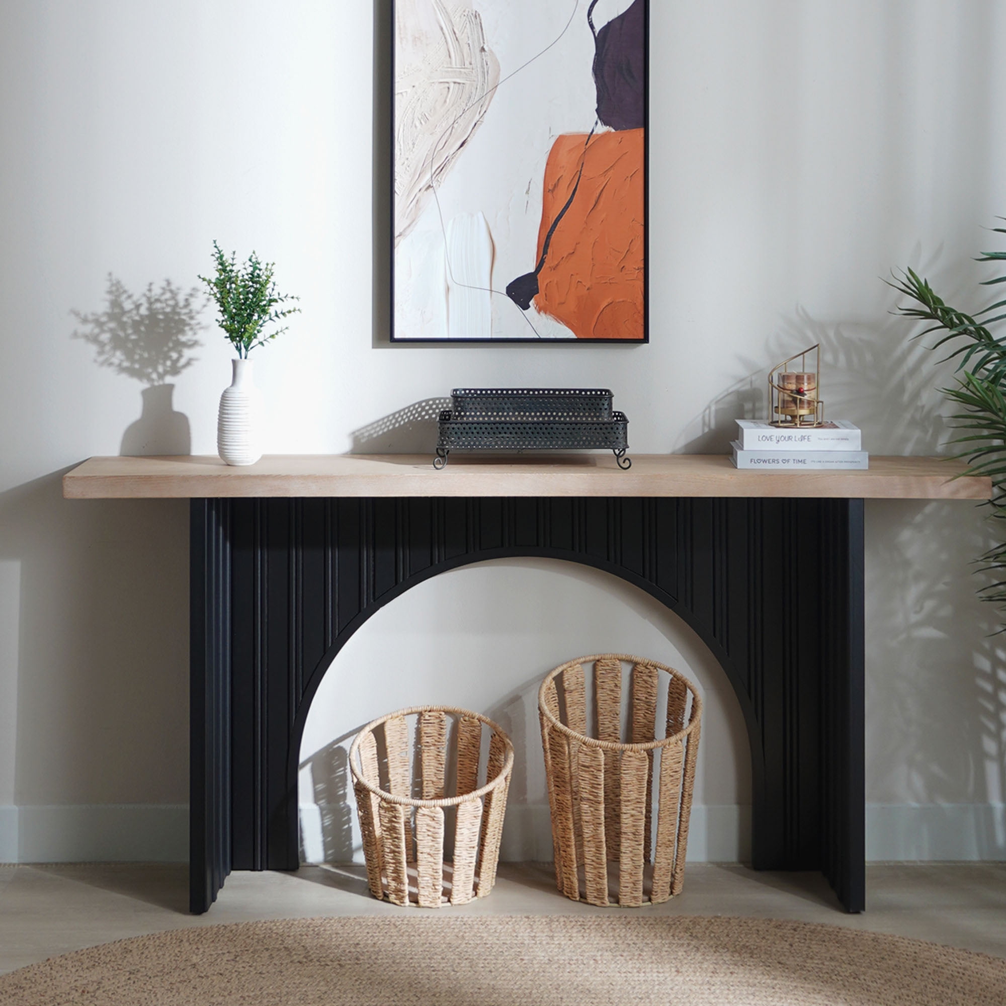 Modern Minimalist Console Table with Black Arch Base and Natural Wood ...