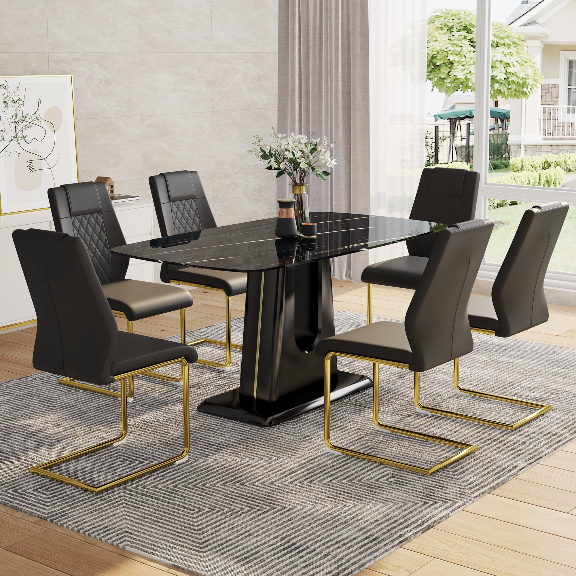 Modern Minimalist Dining Table Set for 4-8, Imitation Marble Glass Top ...