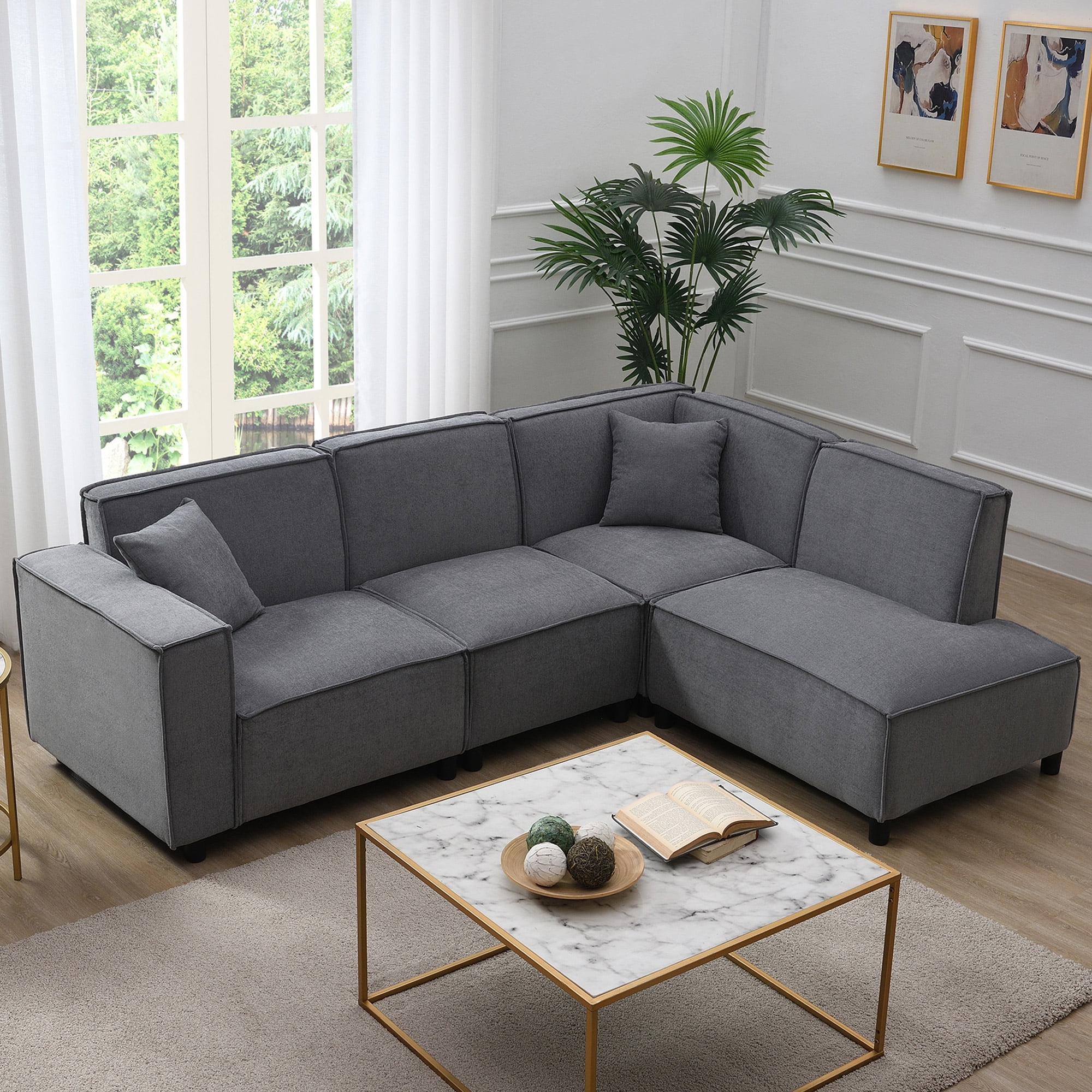 Modern Minimalist L-shaped Couch with 2 Pillows Chaise Lounge Chenille ...