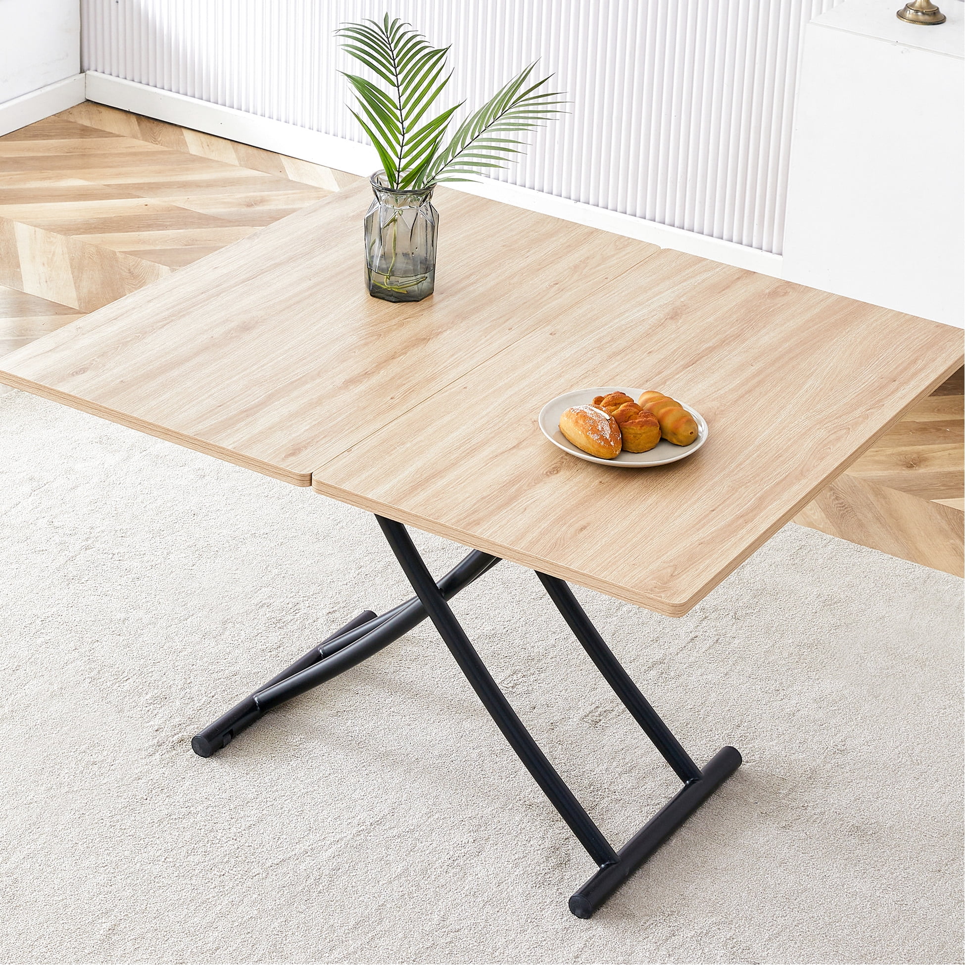 Modern Minimalist Lift Table With Black Metal Legs - 0.8-inch Tabletop ...