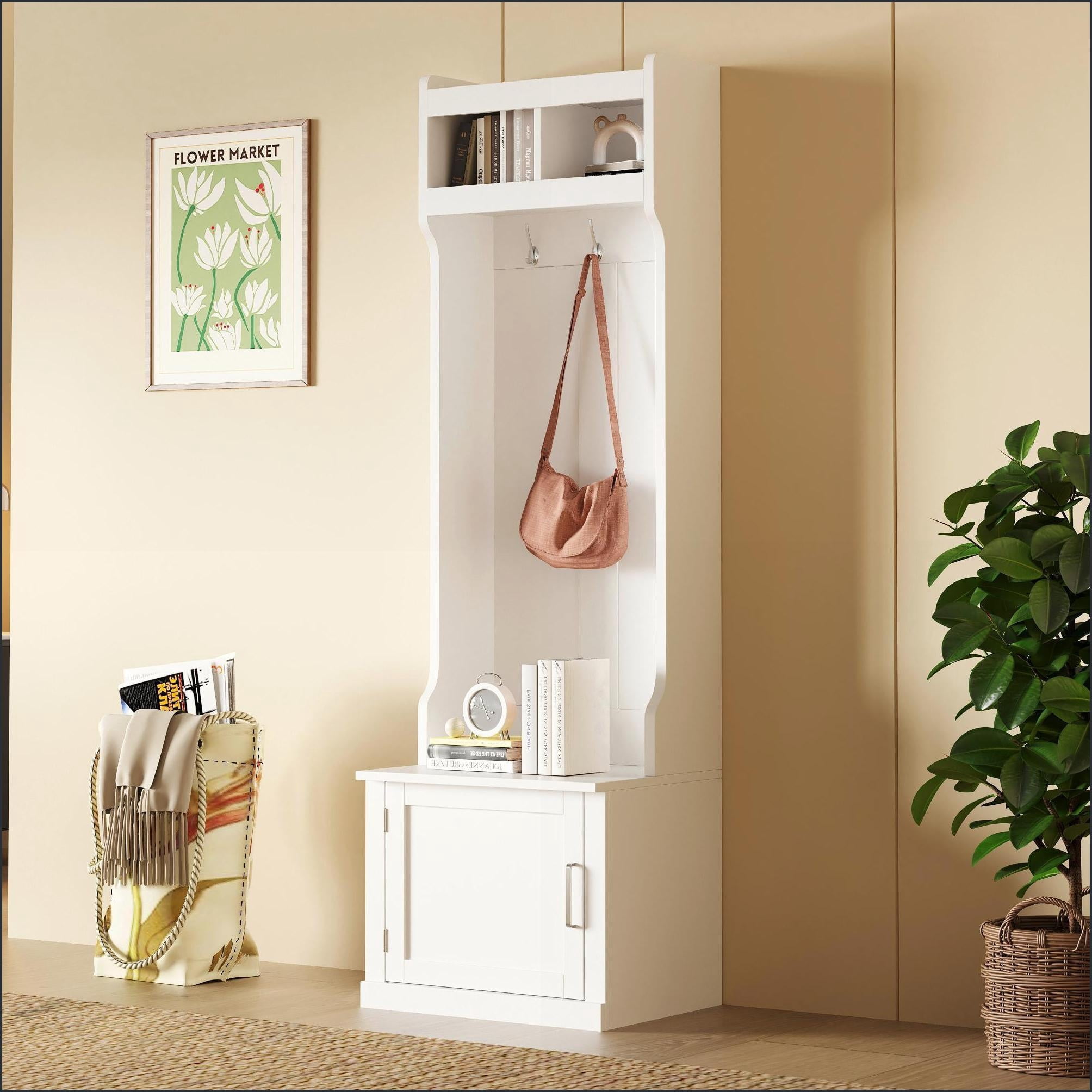 Modern Minimalist Narrow Hall Tree with Storage Bench, Cabinet & 6 ...