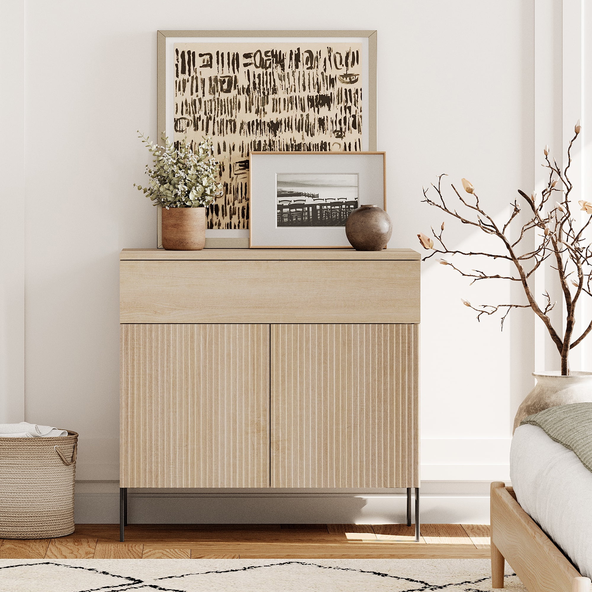 Modern Minimalist Nightstand,31.5" Wood End Table,Reeded Design Bedside ...