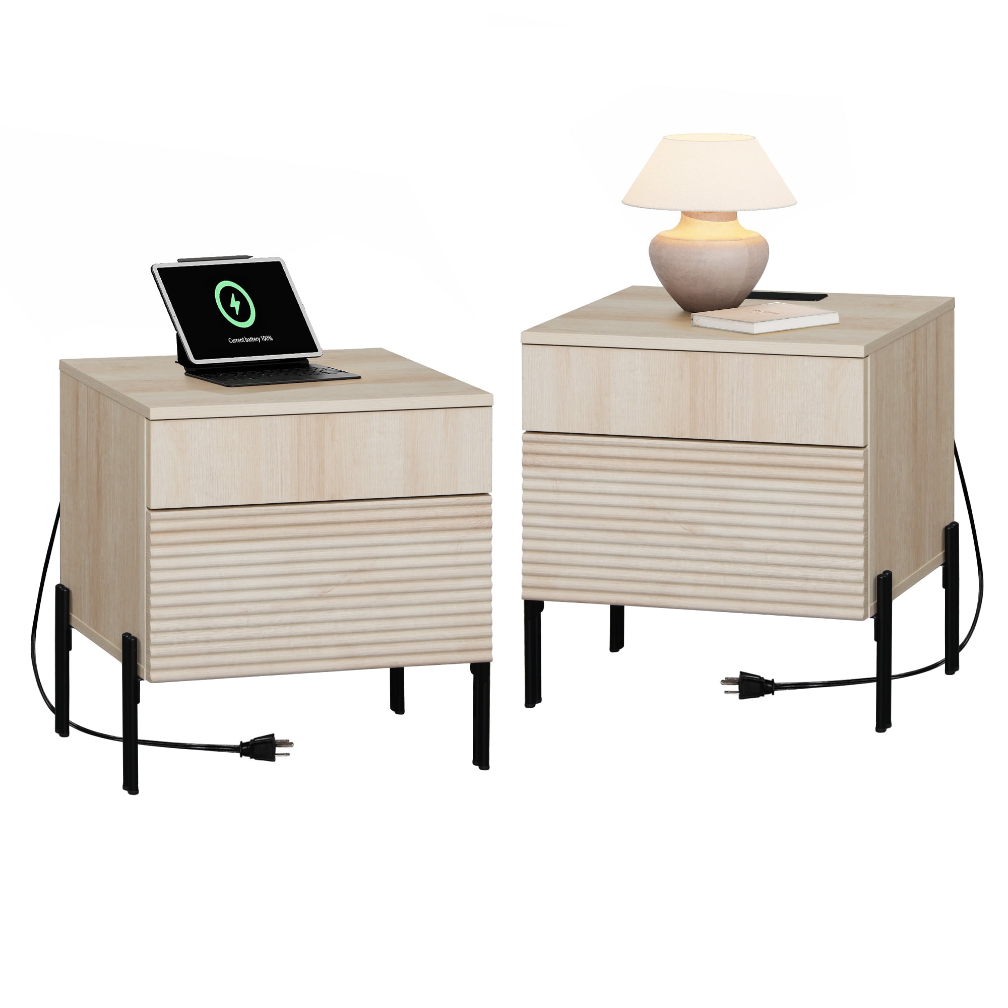 Modern Minimalist Nightstand Set Of 2, Reeded Wood End Table Set Of 2 ...
