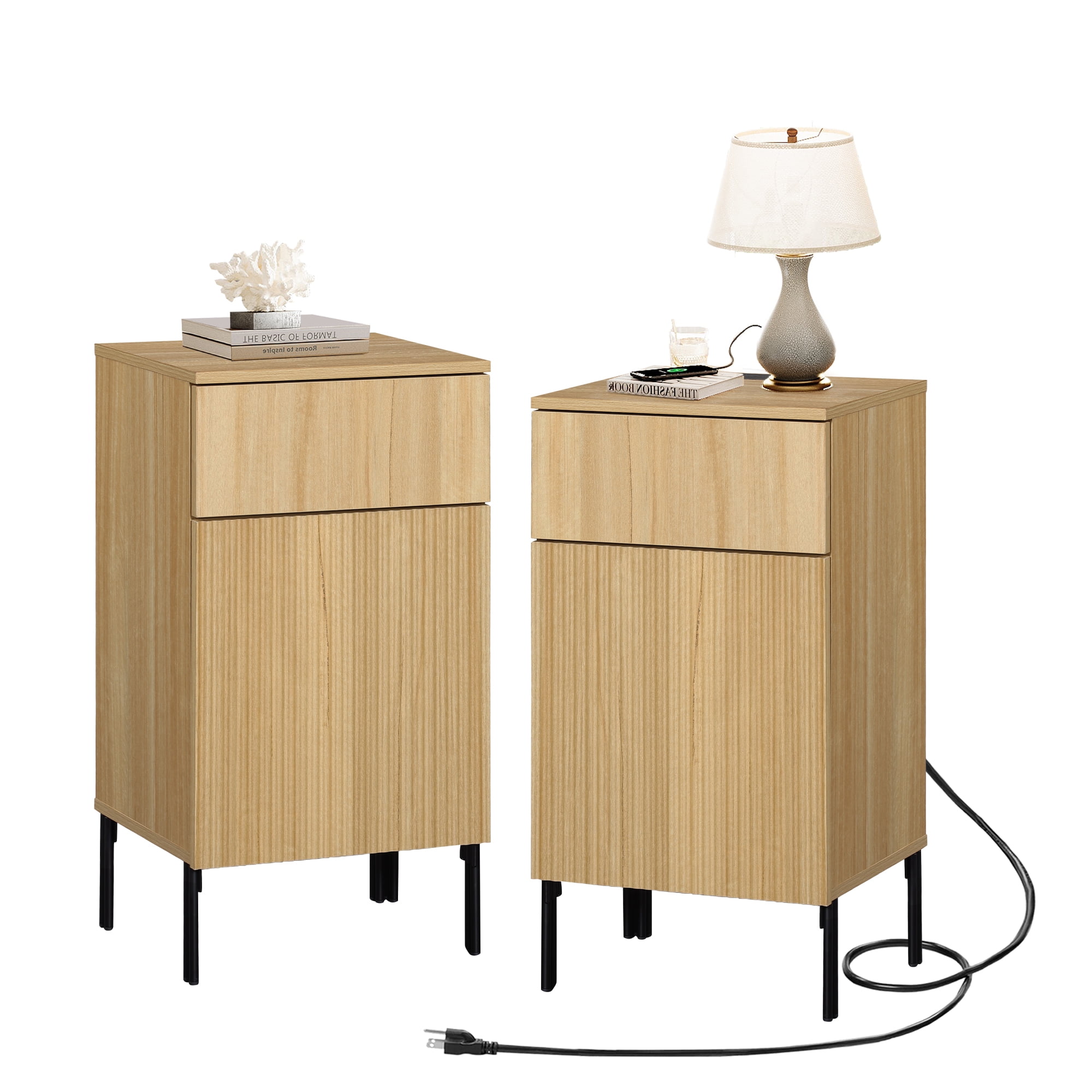 Modern Minimalist Nightstand Set of 2 with Built-In Outlets, Reed ...