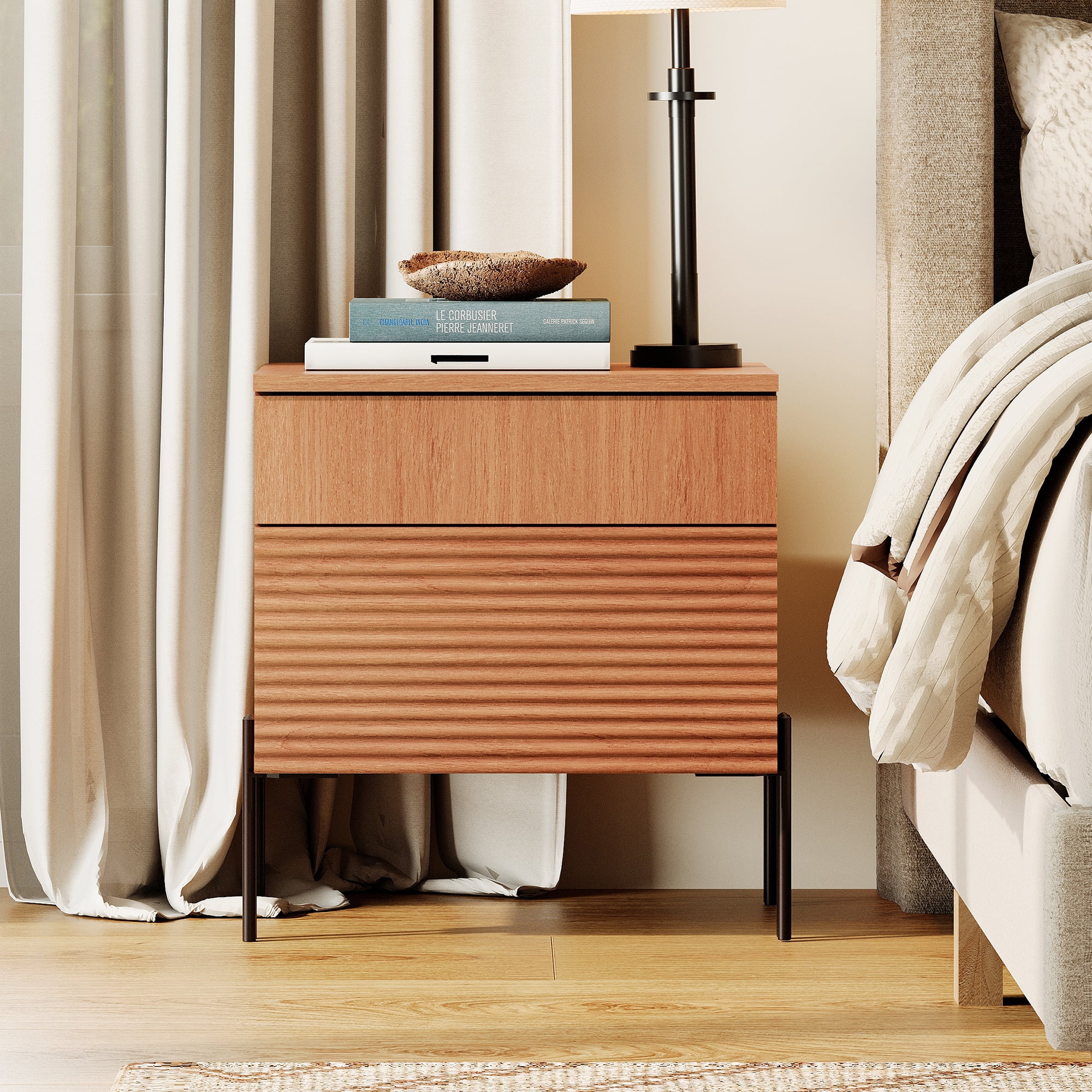 Modern Minimalist Nightstand With 2 Drawers,Reeded Wood End Table With ...