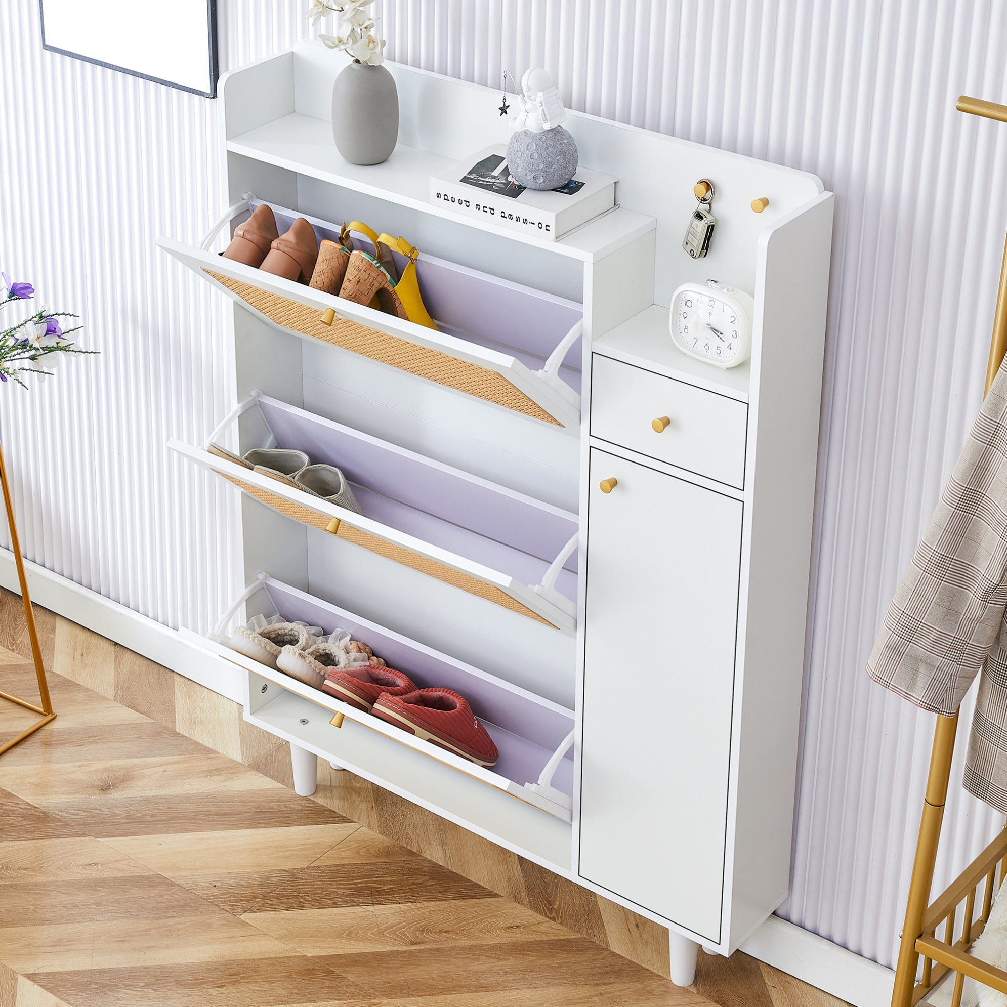 Modern Minimalist Rattan Shoe Cabinet with Flip Drawers & Open Shelves ...