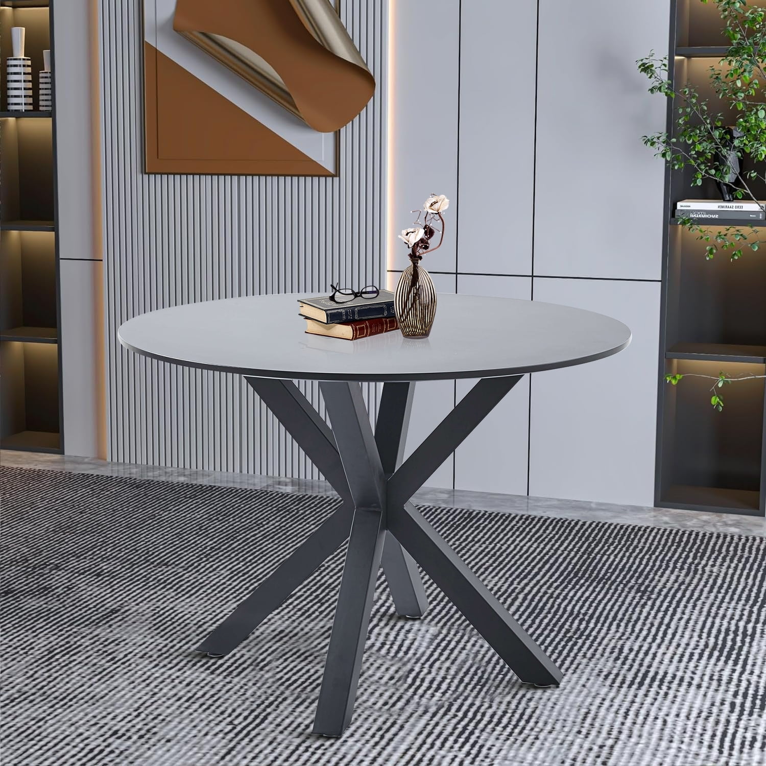 Modern Minimalist Round Dining Table with MDF Top and Metal Legs Black ...